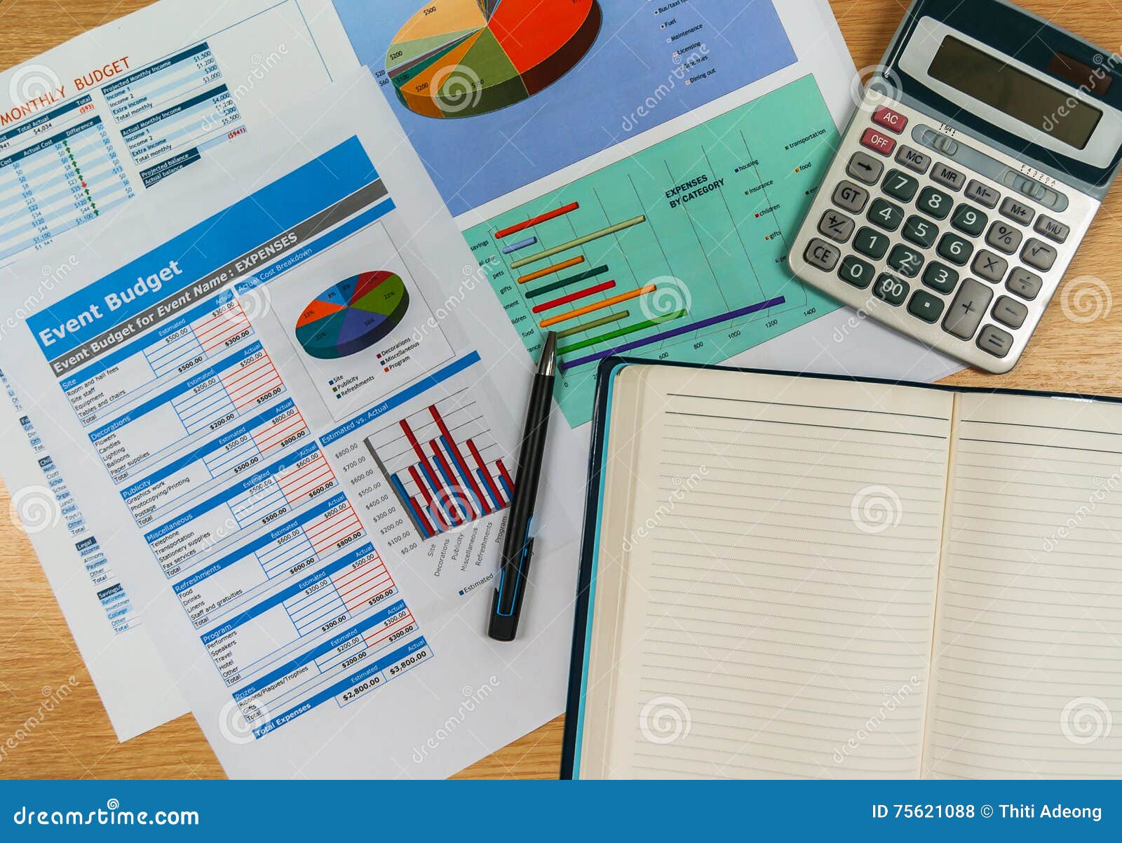 Wooden Office Desk with Open Diary Book and Data Chart Stock Photo ...