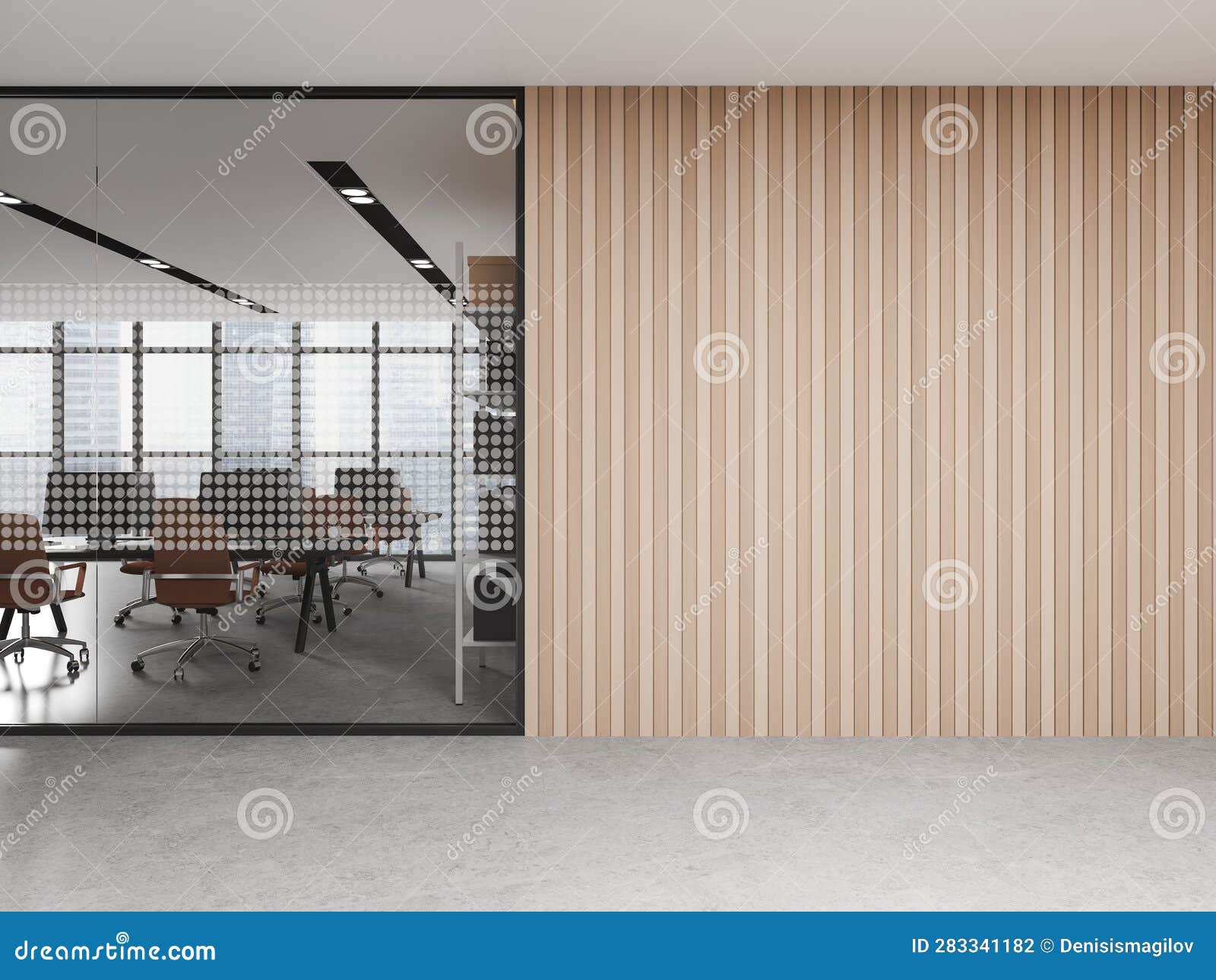 Wooden Office Hall Interior with Open Space Area and Blank Wall Stock ...