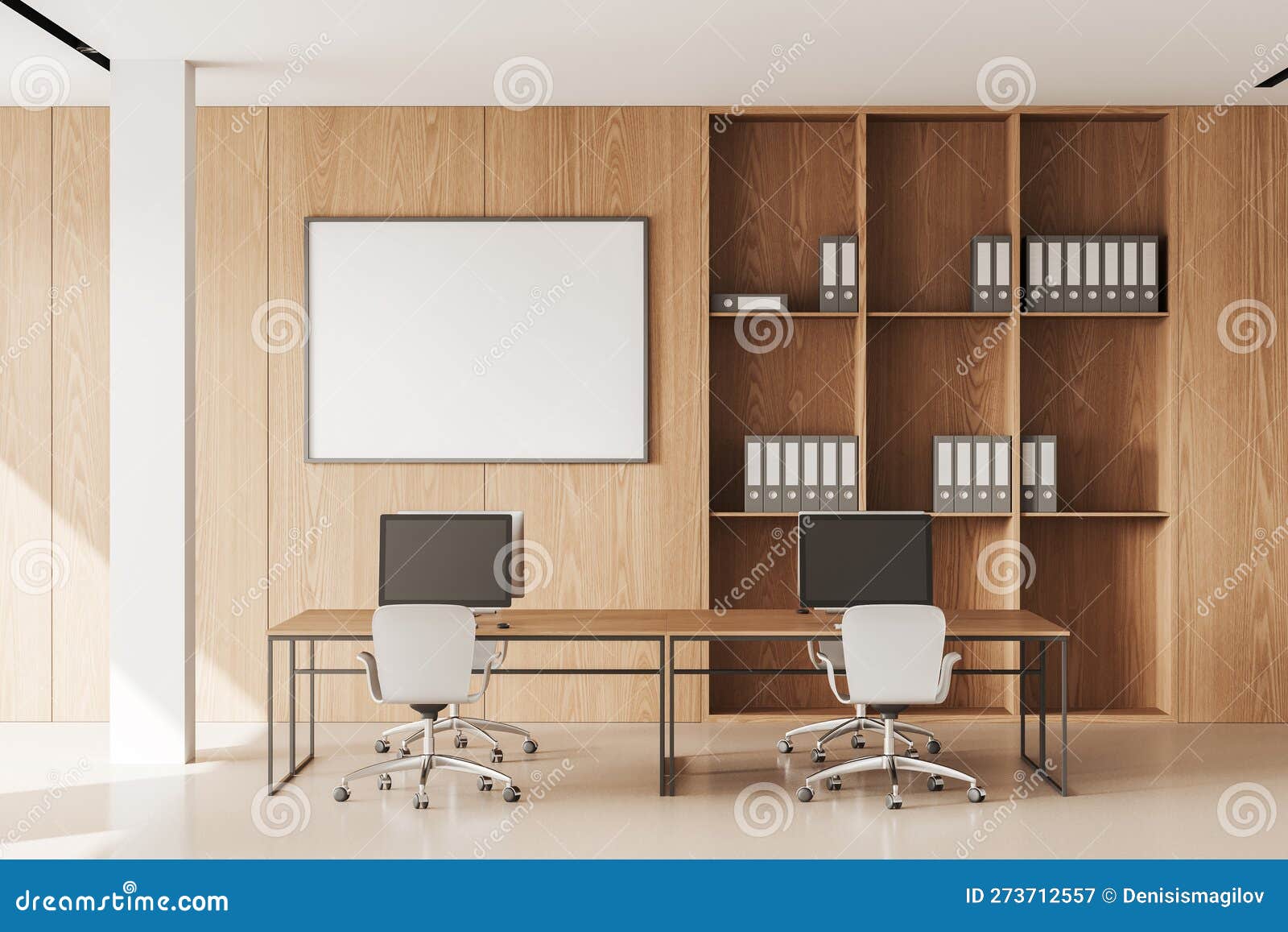 Wooden Office Interior with Pc Computer and Shelf with Documents ...