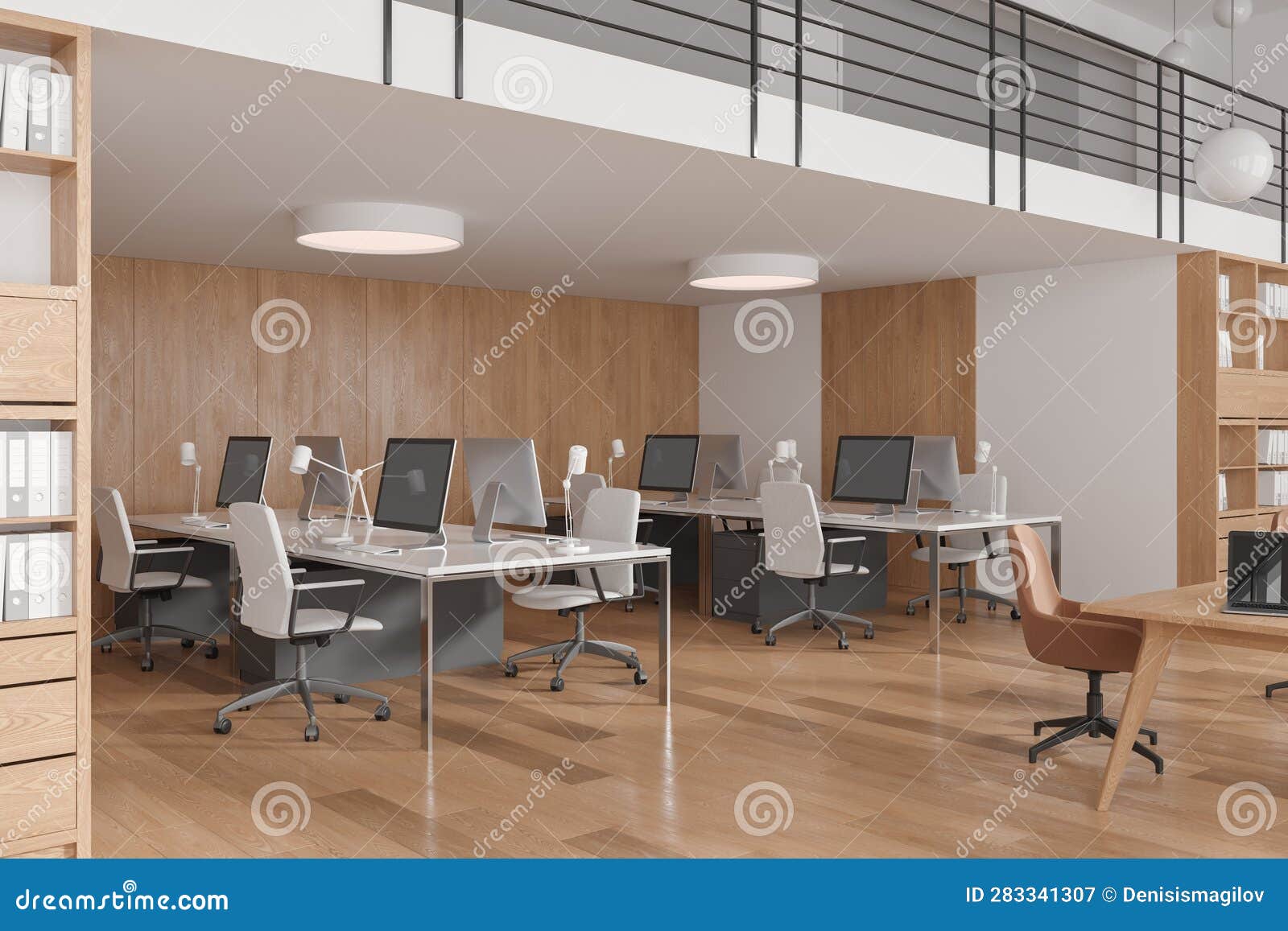 Wooden Office Room Interior with Pc Computer on Desk, Shelf with ...