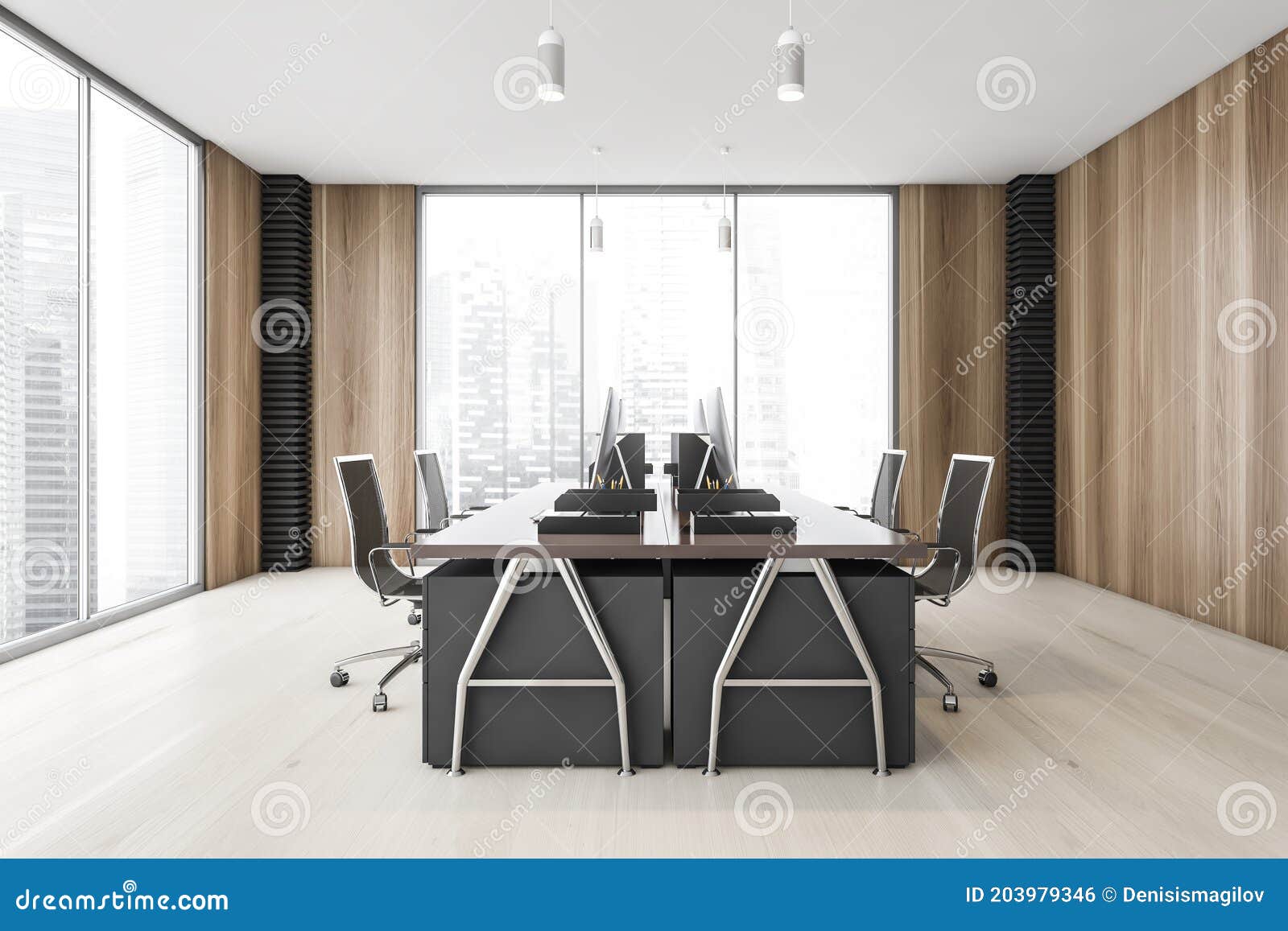 Wooden Open Space Office Interior, Side View Stock Illustration ...