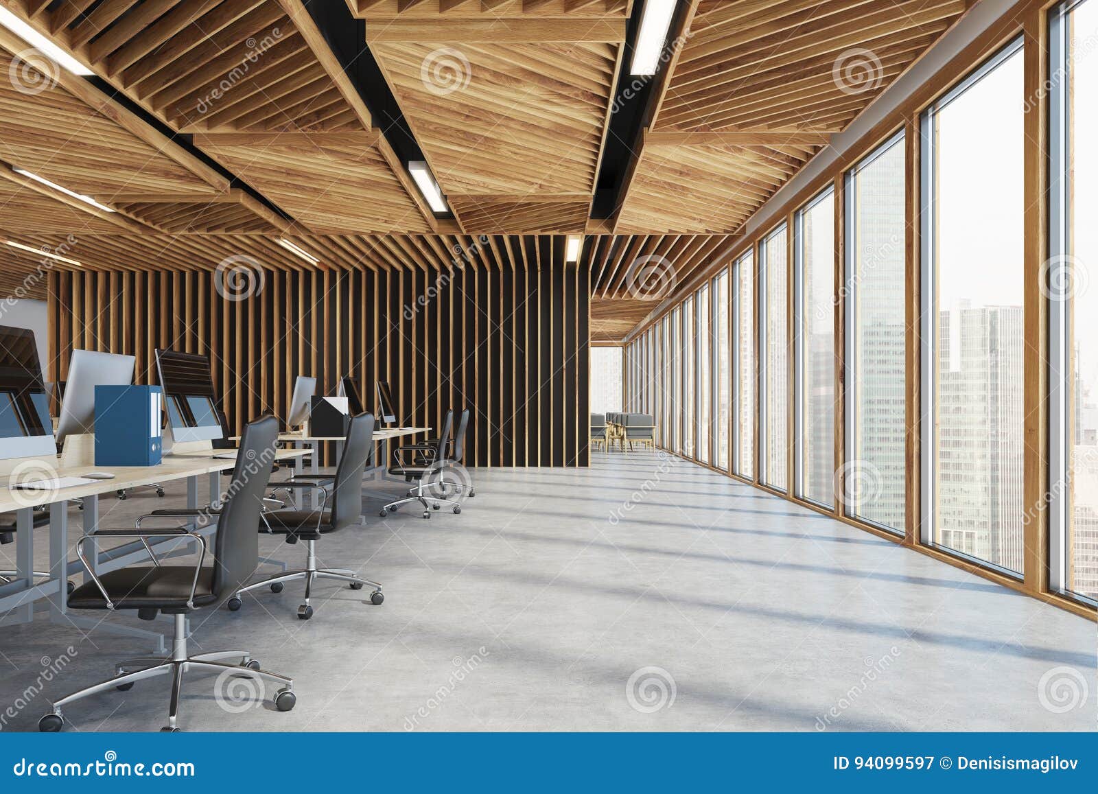 Wooden Open Space Office Side View Stock Illustration - Illustration of ...