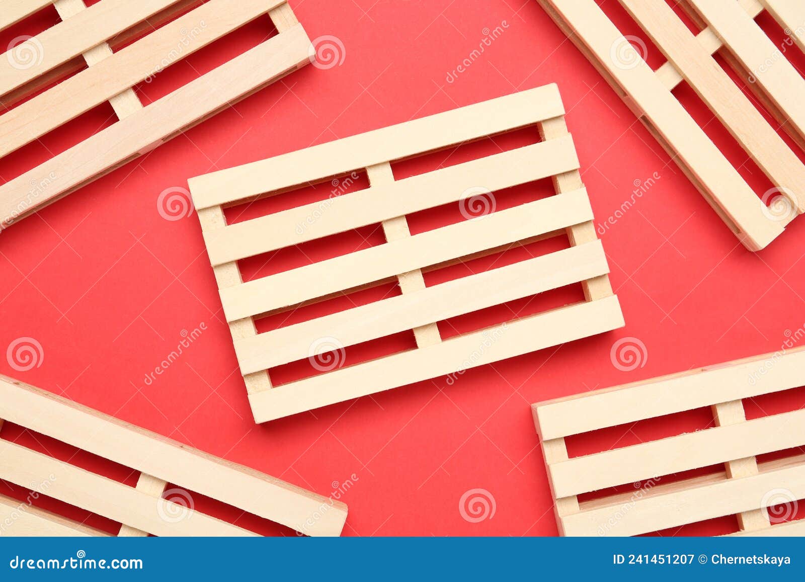 Wooden Pallets on Red Background, Flat Lay Stock Image - Image of group ...