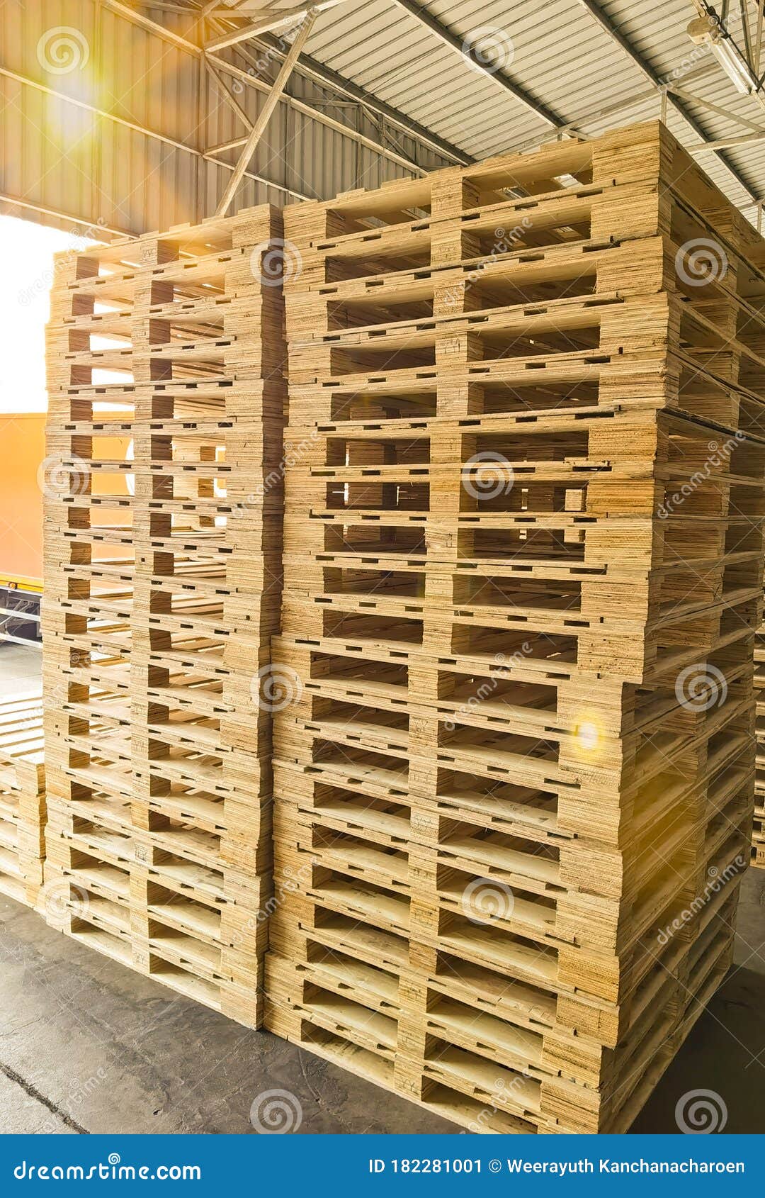 Wooden Pallets Stack at the Freight Cargo Warehouse for Transportation ...