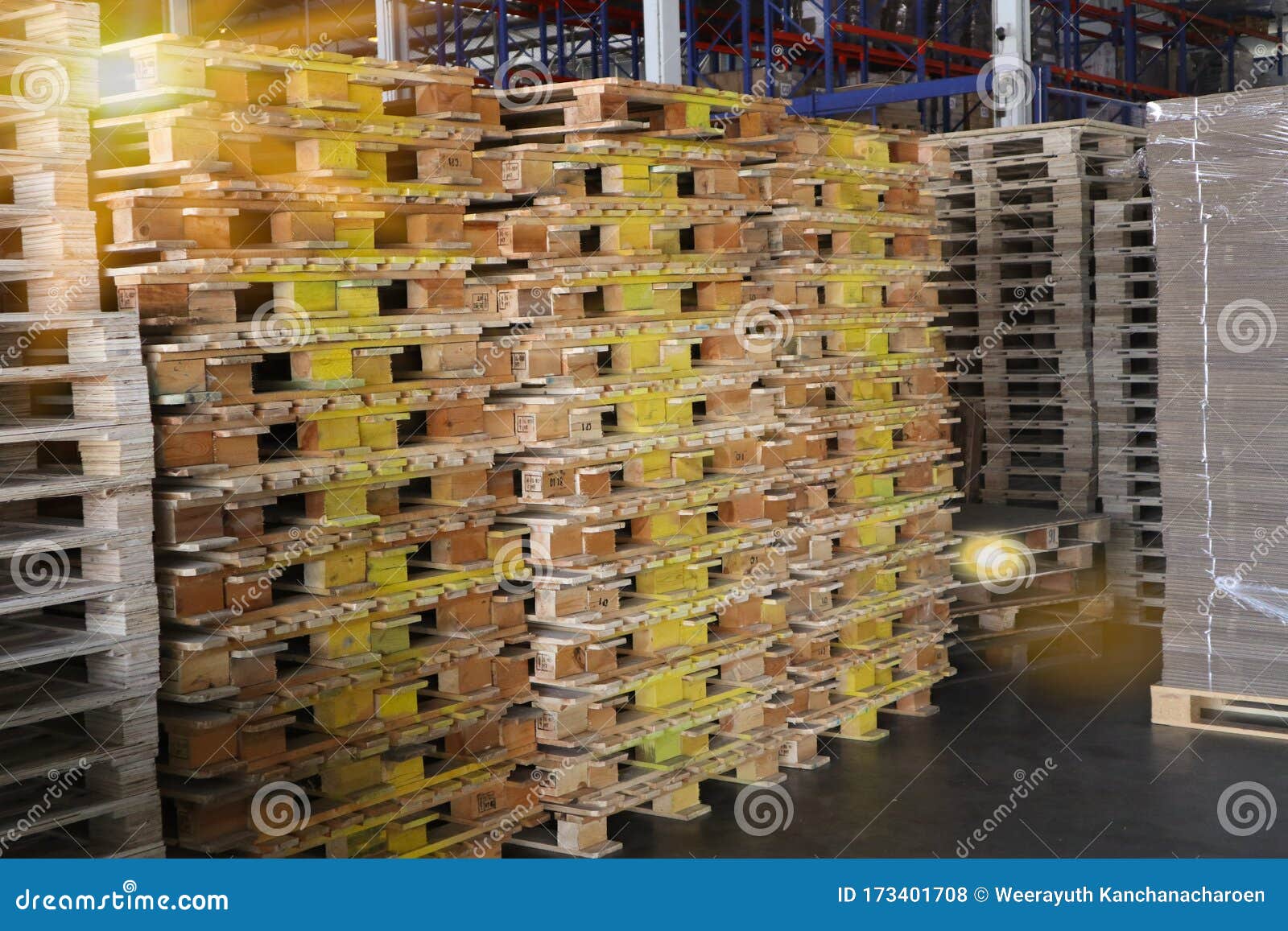 Wooden Pallets Stack at the Freight Cargo Warehouse for Transportation ...