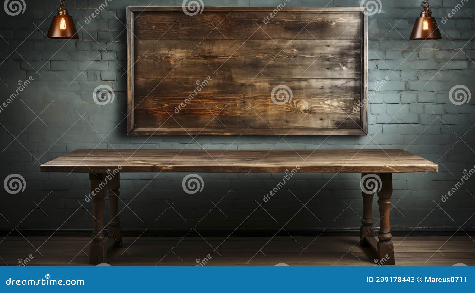 A Wooden Panel on a Painted Brick Wall, in Front of it an Old Wooden ...