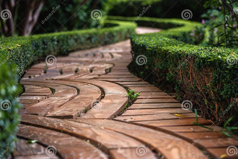 A Wooden Path Curves through a Lush Green Landscape, Creating a Unique ...