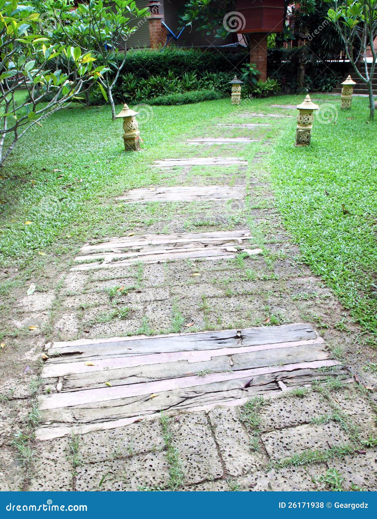 Wooden pathway stock photo. Image of footpath, lawn, landscaped - 26171938