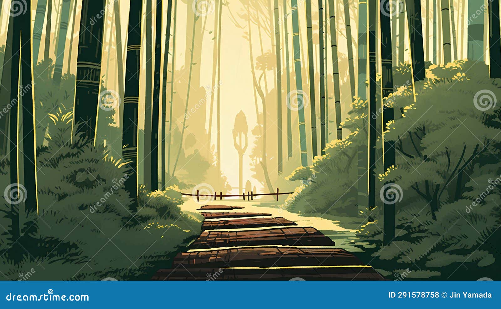 Wooden Pathway in the Bamboo Forest. Vector Illustration. Cartoon Style ...