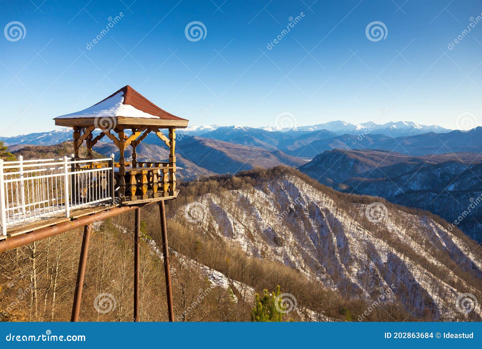 Wooden Pavilion with Scenery Mountains View, Caucasus. Stock Photo ...