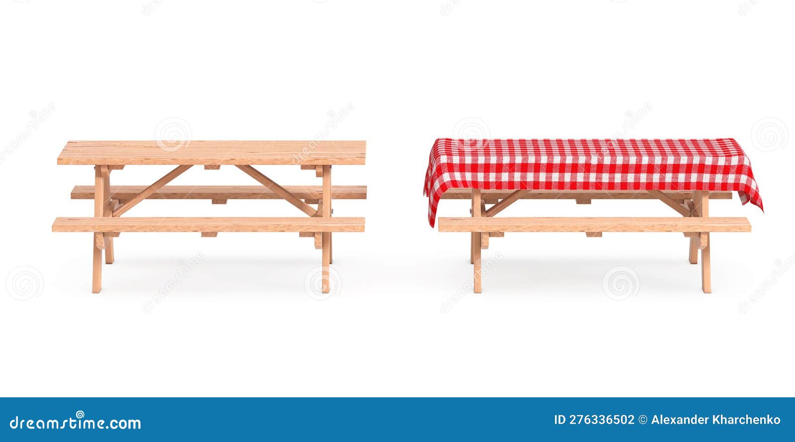 Wooden Picnic Table with Benches and Red Plaid Tablecloth. 3d Rendering ...