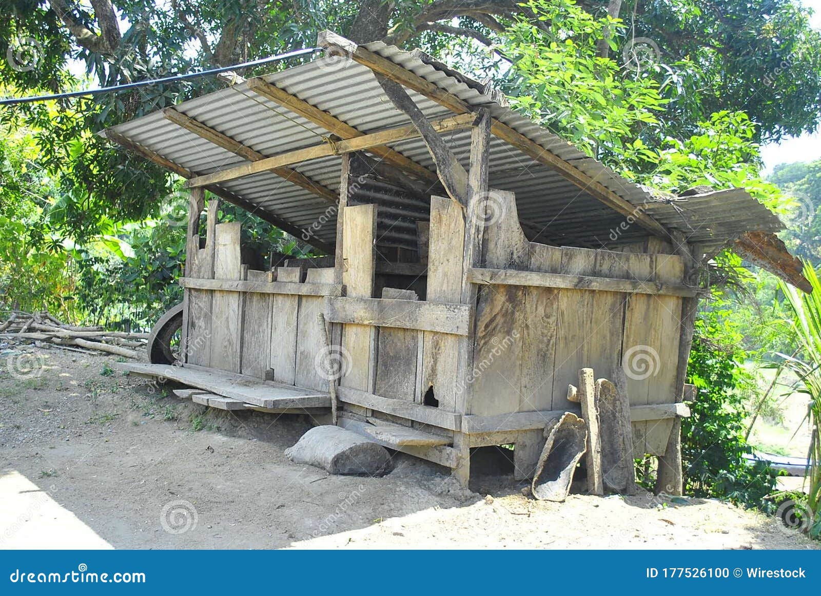Wooden Pig Pen with Green Trees in the Background Stock Photo - Image ...