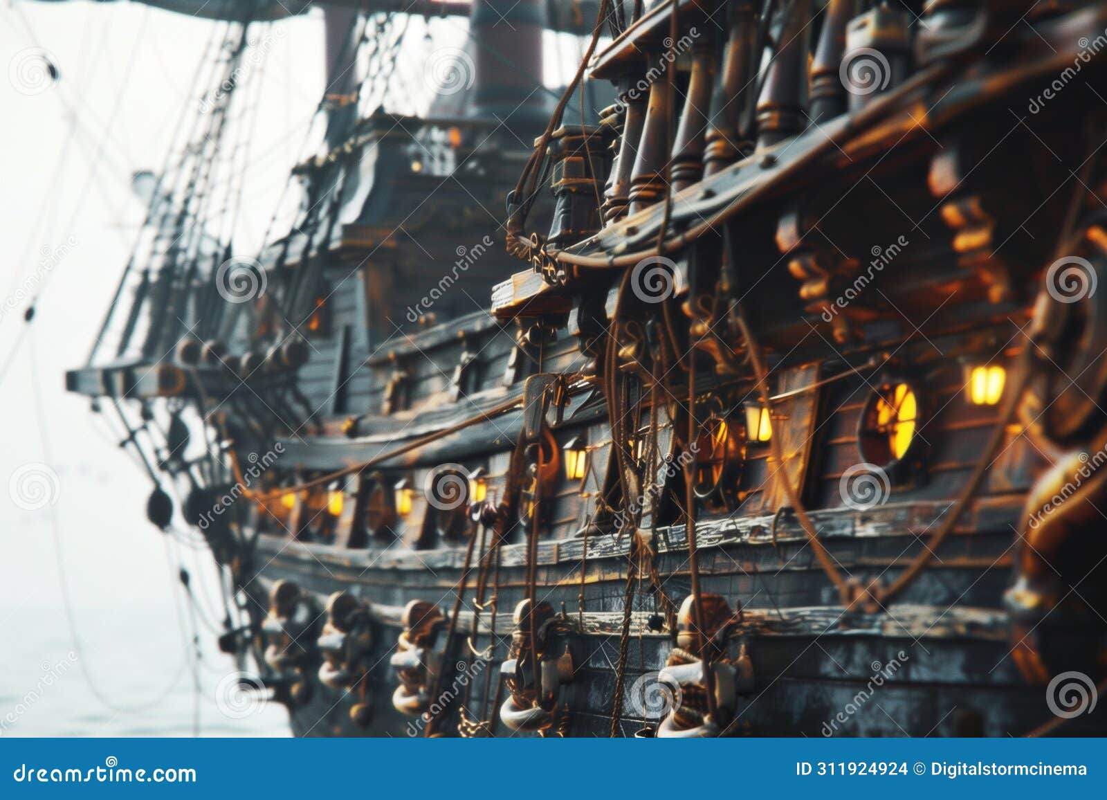 A Wooden Pirate Ship Background, or Ancient Navy Sailing Vessel Stock ...