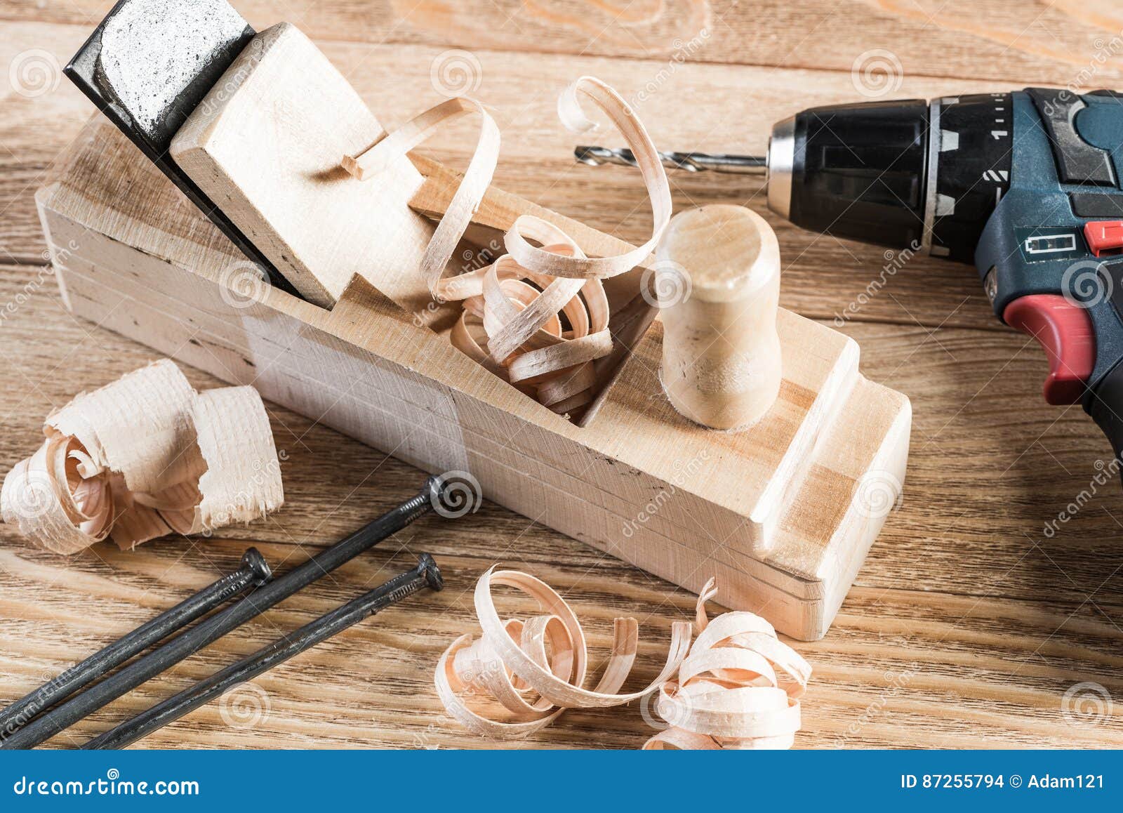 Wooden planer and filings stock photo. Image of craft - 87255794