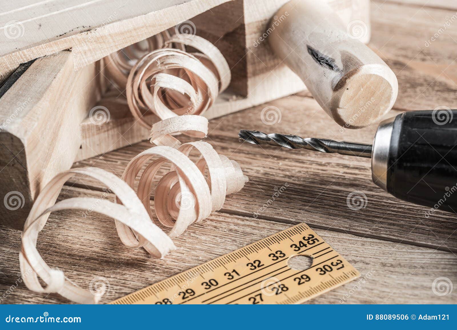 Wooden planer and filings stock photo. Image of construction - 88089506