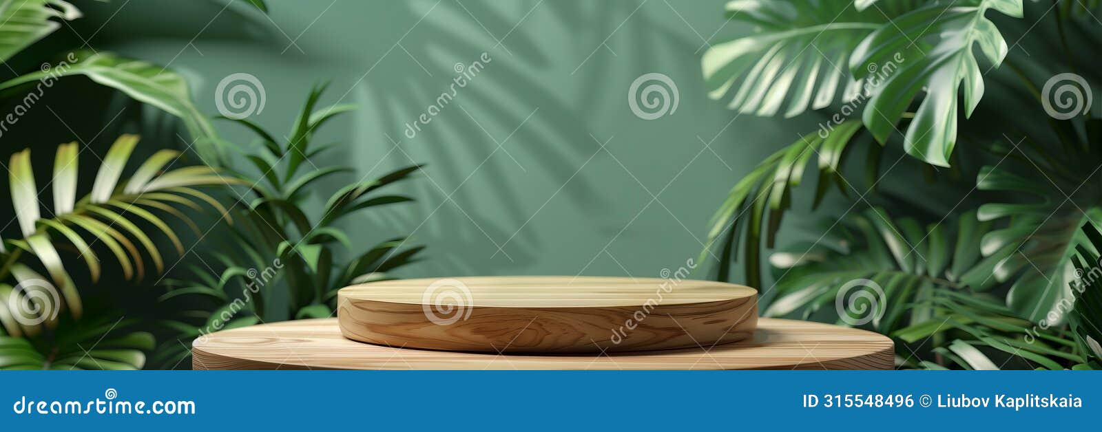 A Wooden Platform with a Green Background and Leaves Stock Photo ...