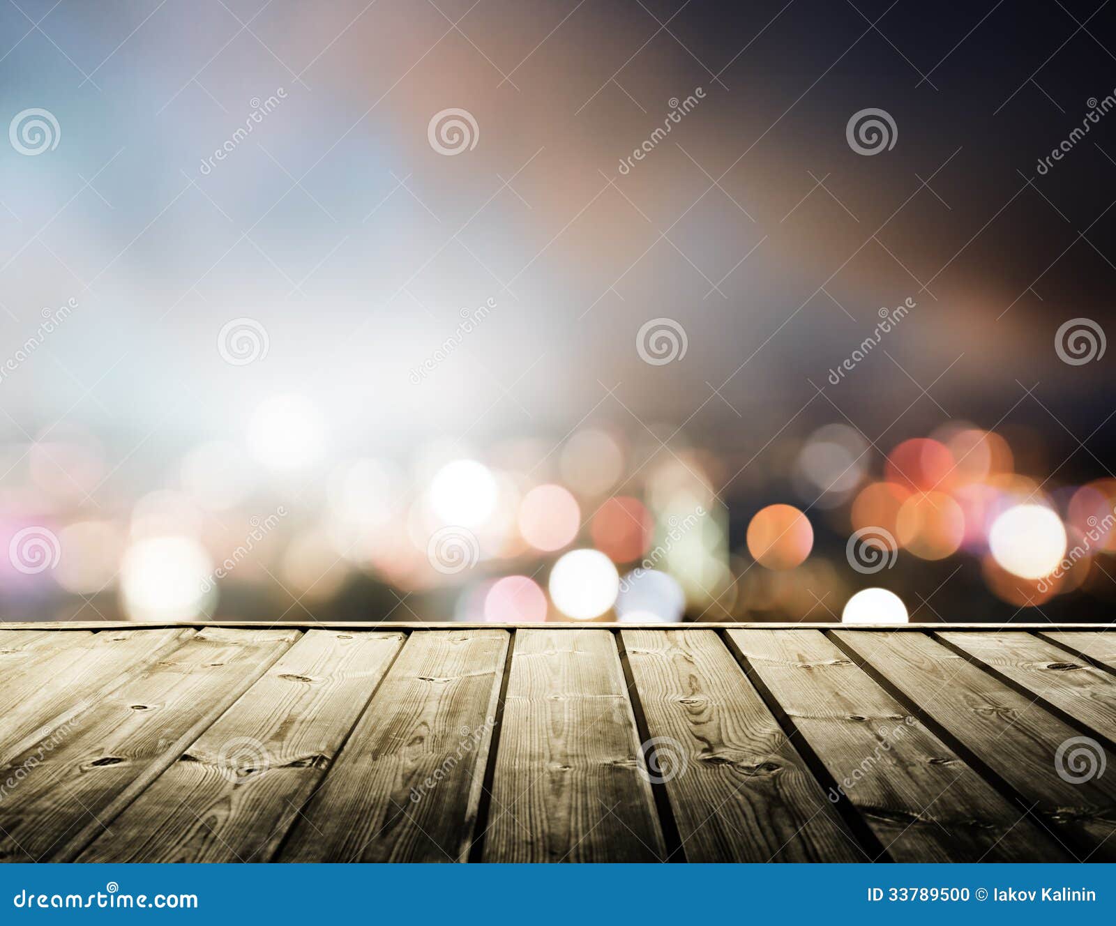Wooden Platform and Lights of Night Stock Photo - Image of city ...