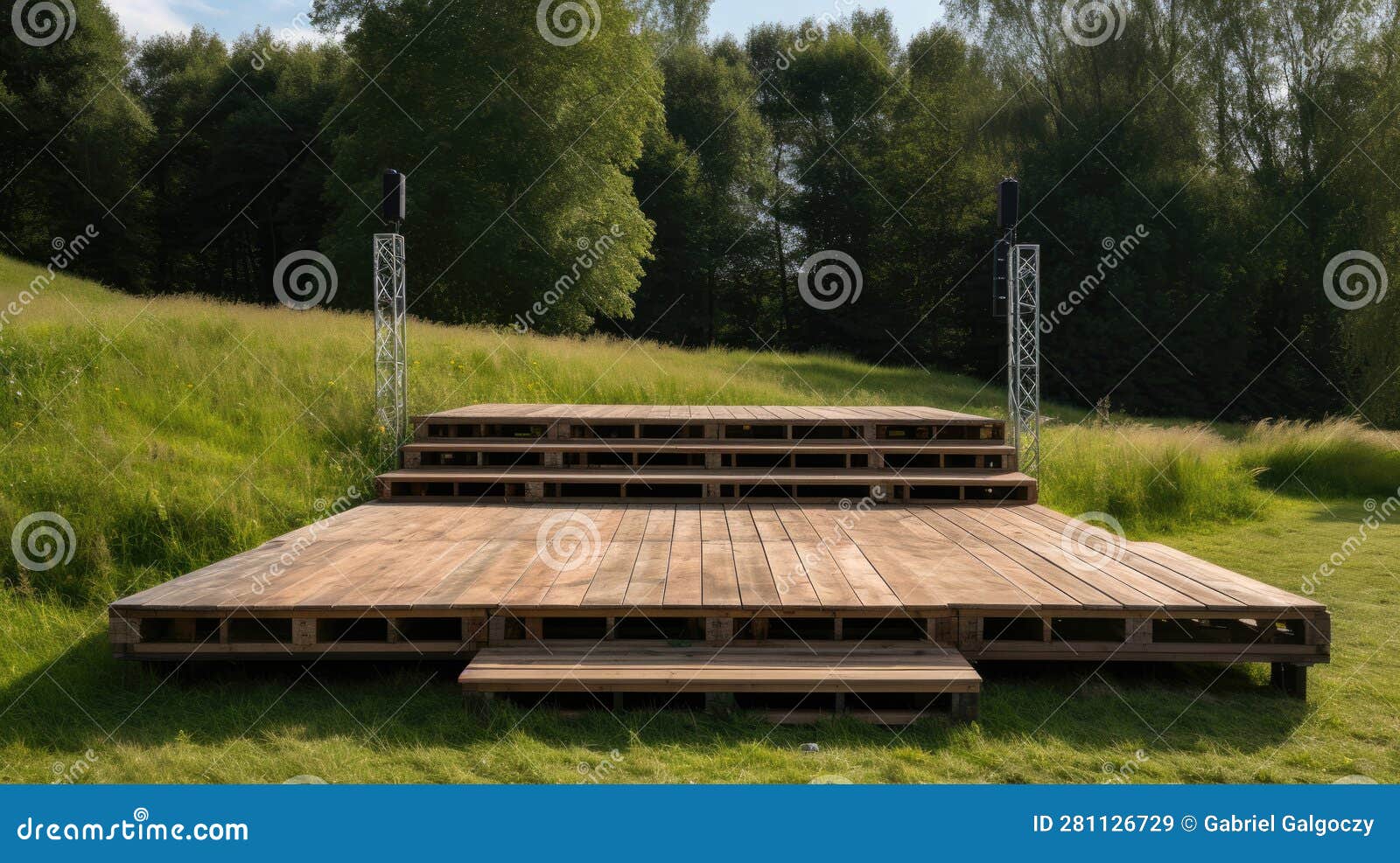 Wooden Platform in the Middle of a Meadow with Hills in the Background ...