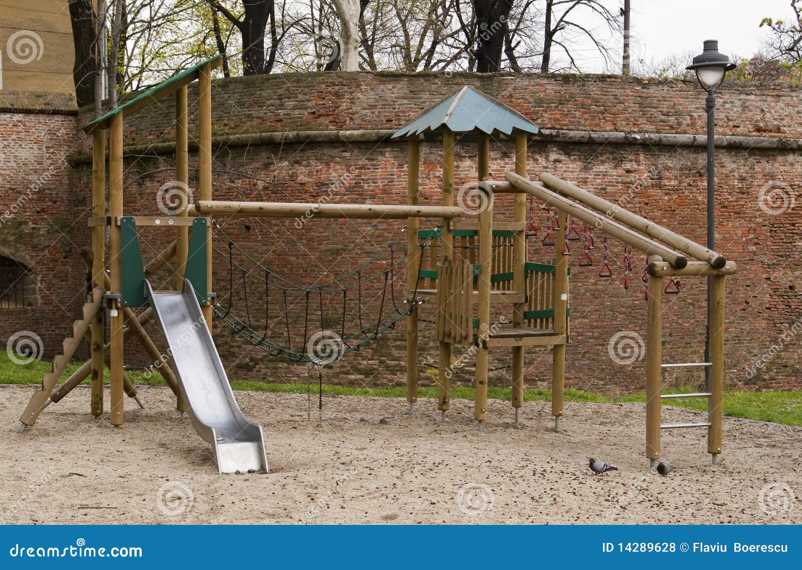 Wooden Playground Park with Slide Stock Photo - Image of recreation ...