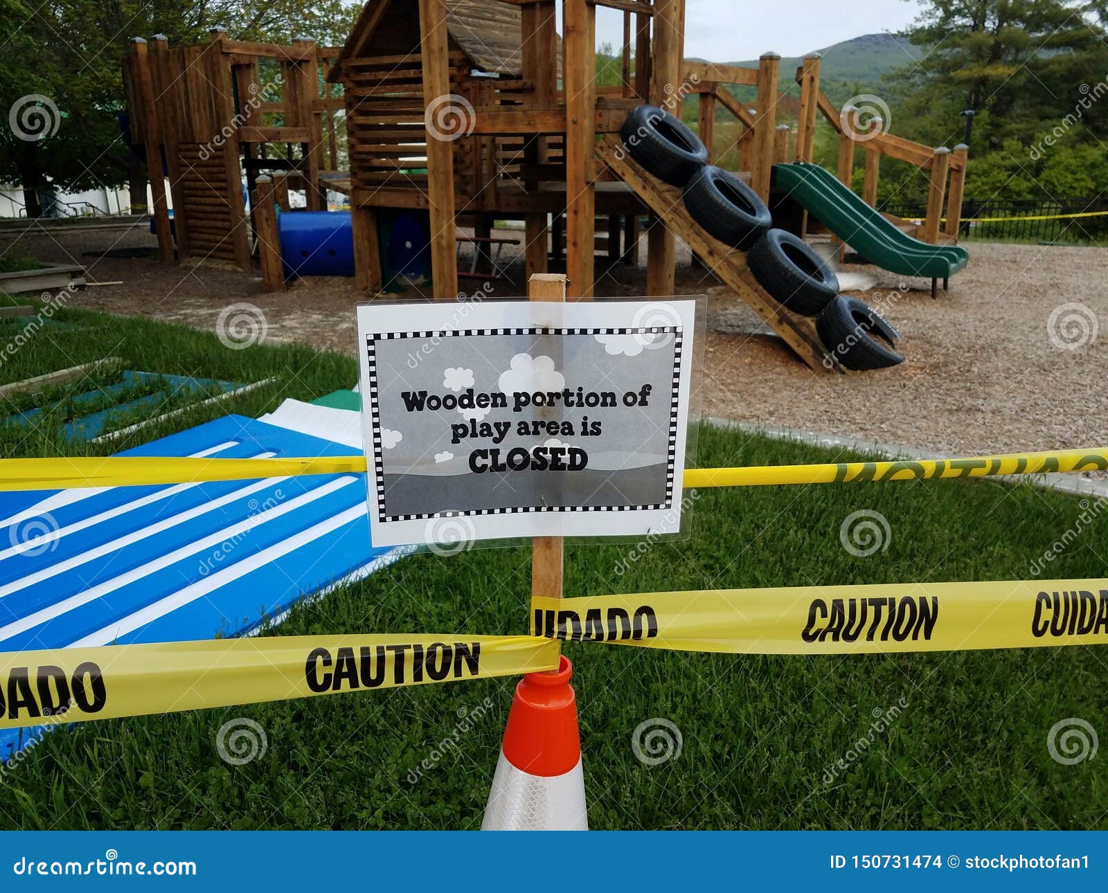 Wooden Portion of Play Area is Closed Sign and Play Structure Stock ...