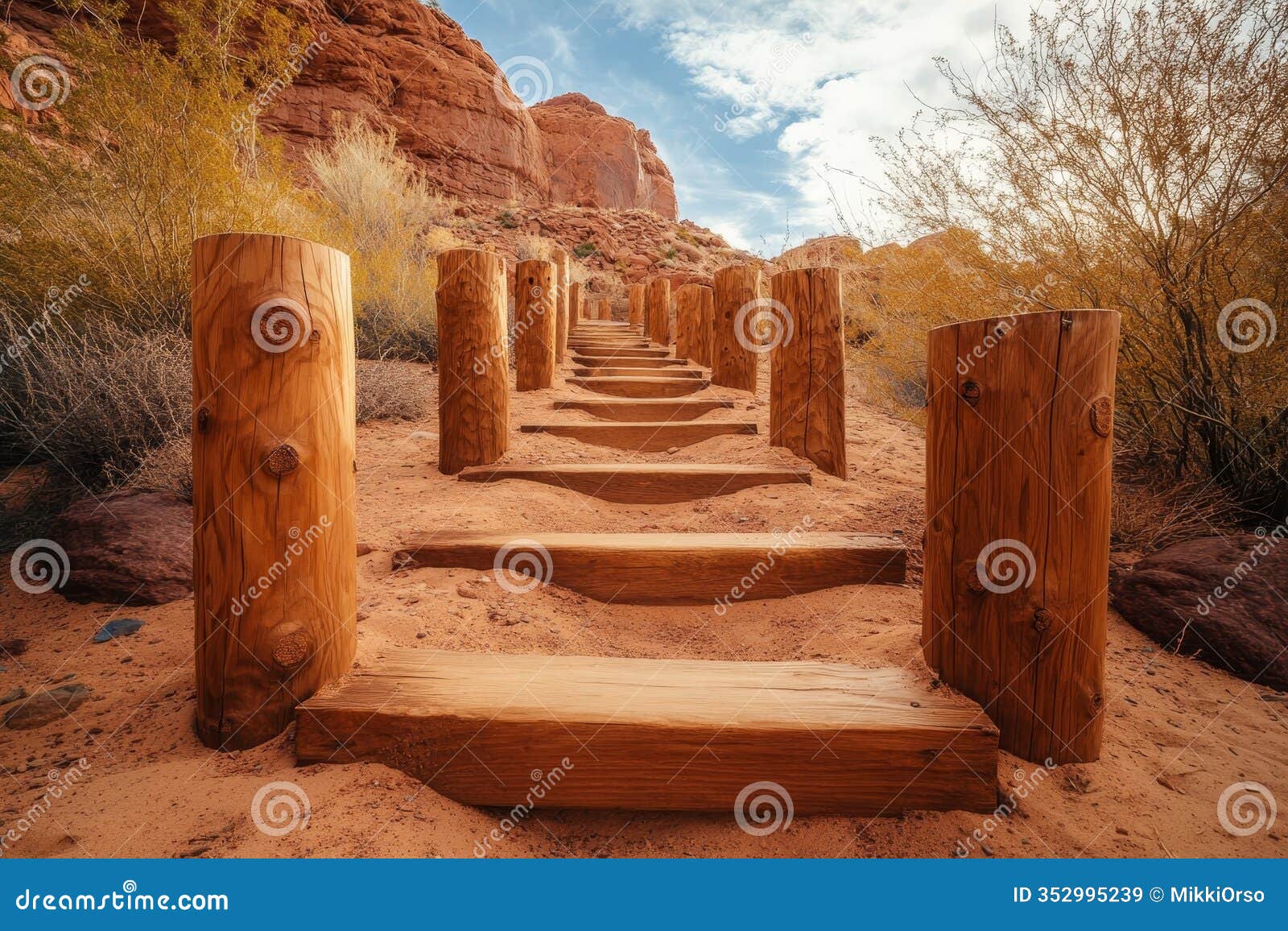 Wooden Posts Create a Scenic Pathway with Stairs in a Desert Landscape ...