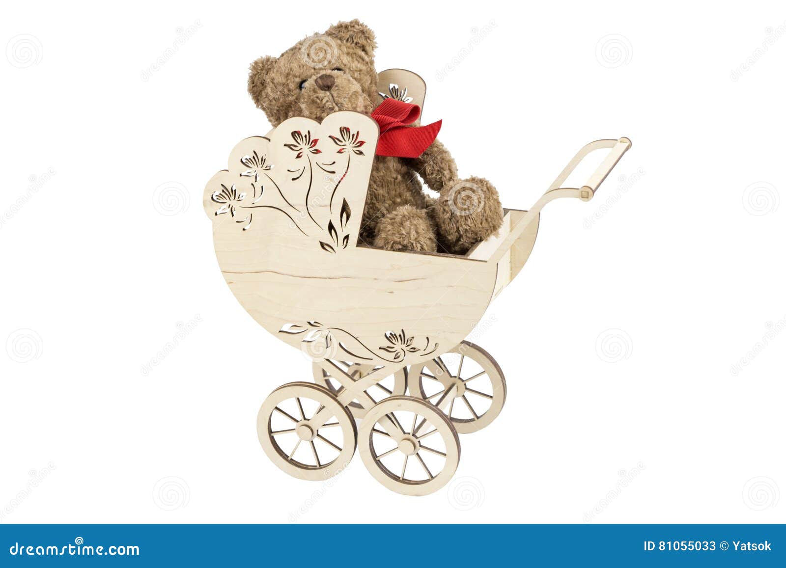 Wooden Pram with Teddy Bear Stock Image - Image of flower, bear: 81055033