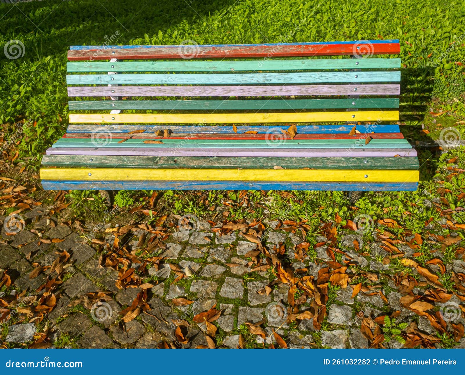 Wooden Public Garden Bench in Different Colors Stock Photo - Image of ...