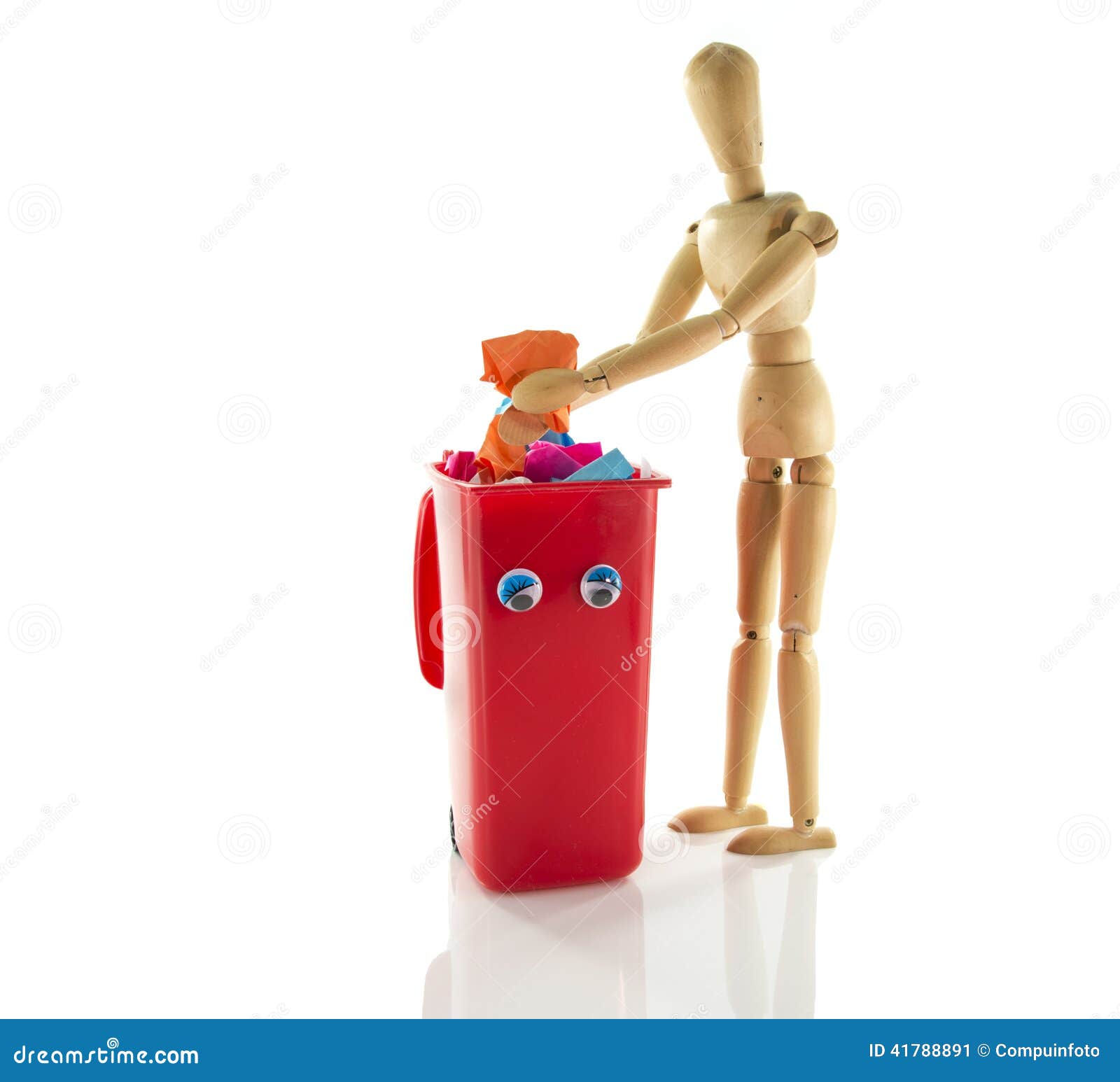 Wooden Puppet with Garbage Bin Container Stock Image - Image of ...