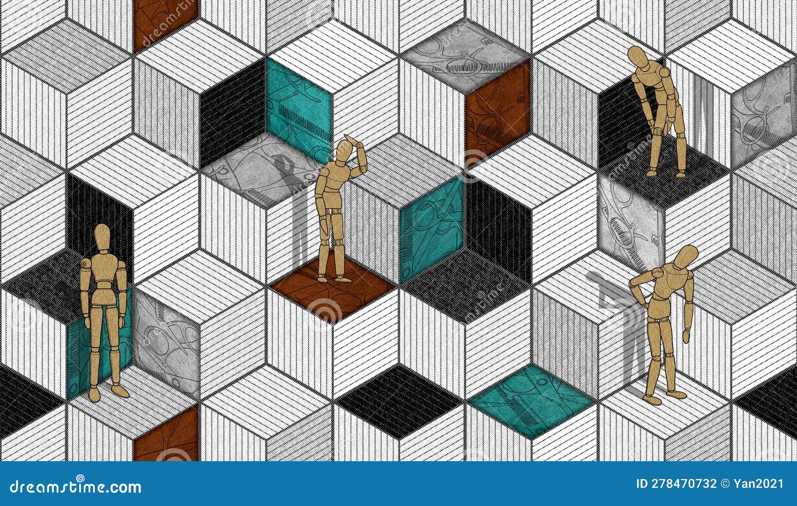 Wooden Puppet Graphics in Different Poses on a Seamless 3D Square ...