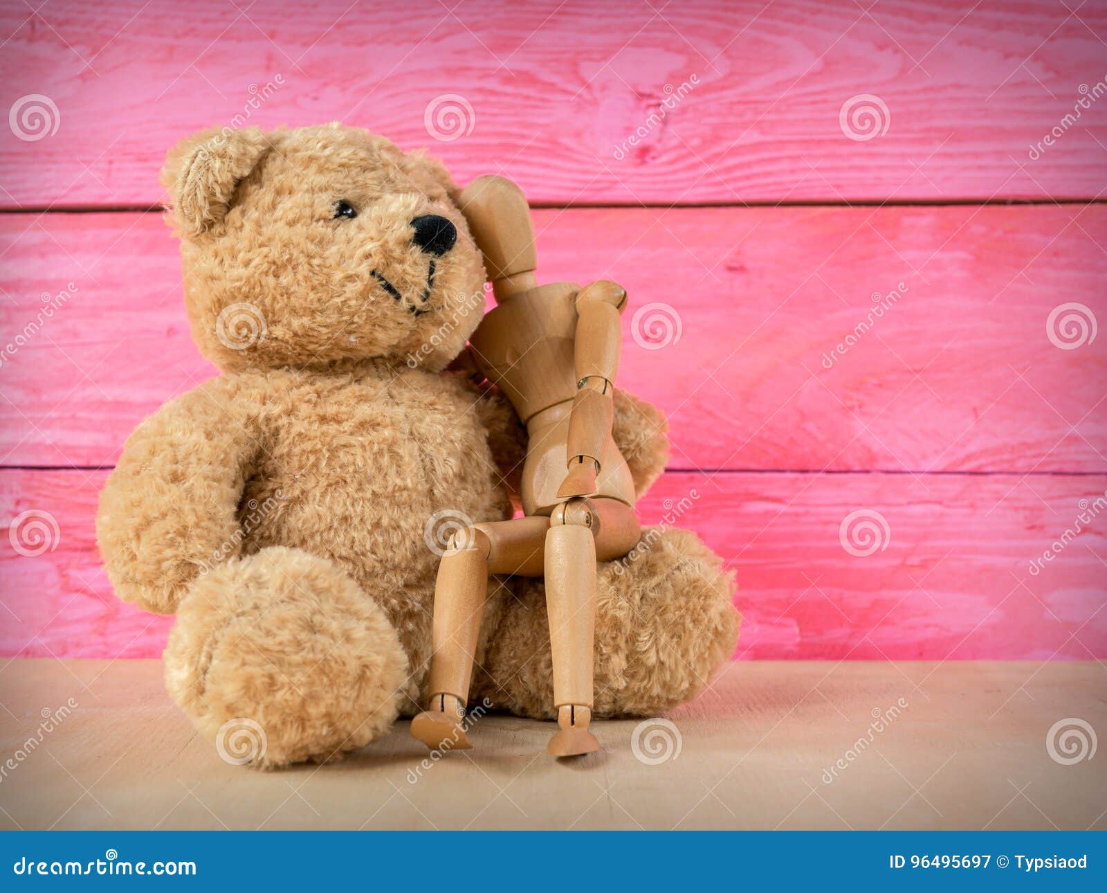 Wooden Puppet with a Teddy Bear. Stock Image - Image of bear, family ...