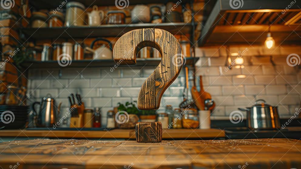 Wooden Question Mark on Kitchen Counter with Rustic Decor. Stock Photo ...