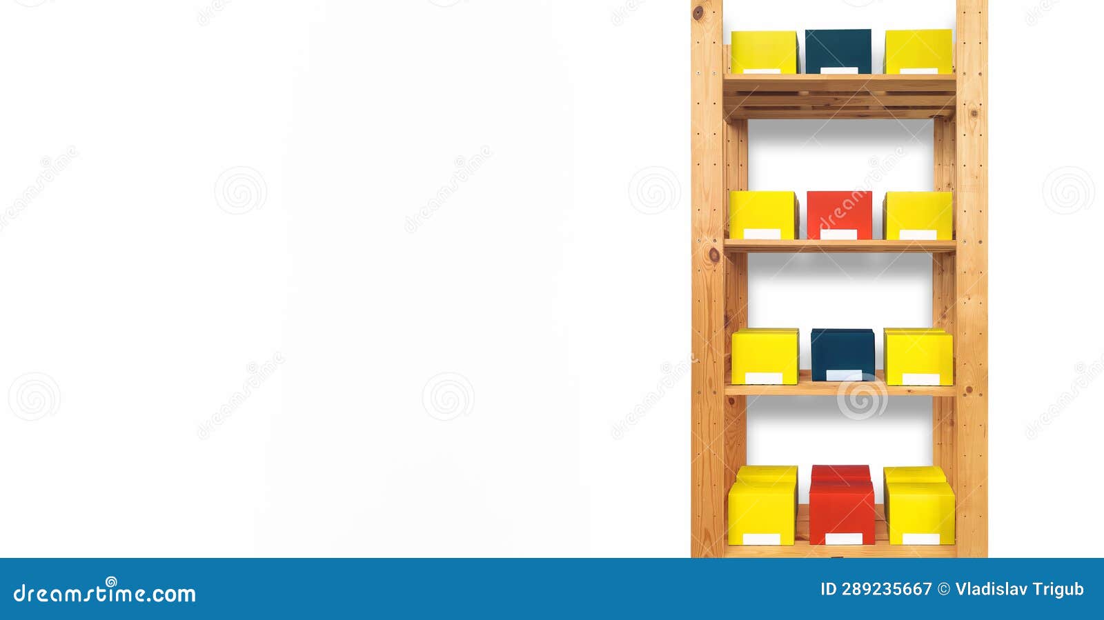 Wooden Rack Filled with Colored Boxes, Showcase. Stock Image - Image of ...