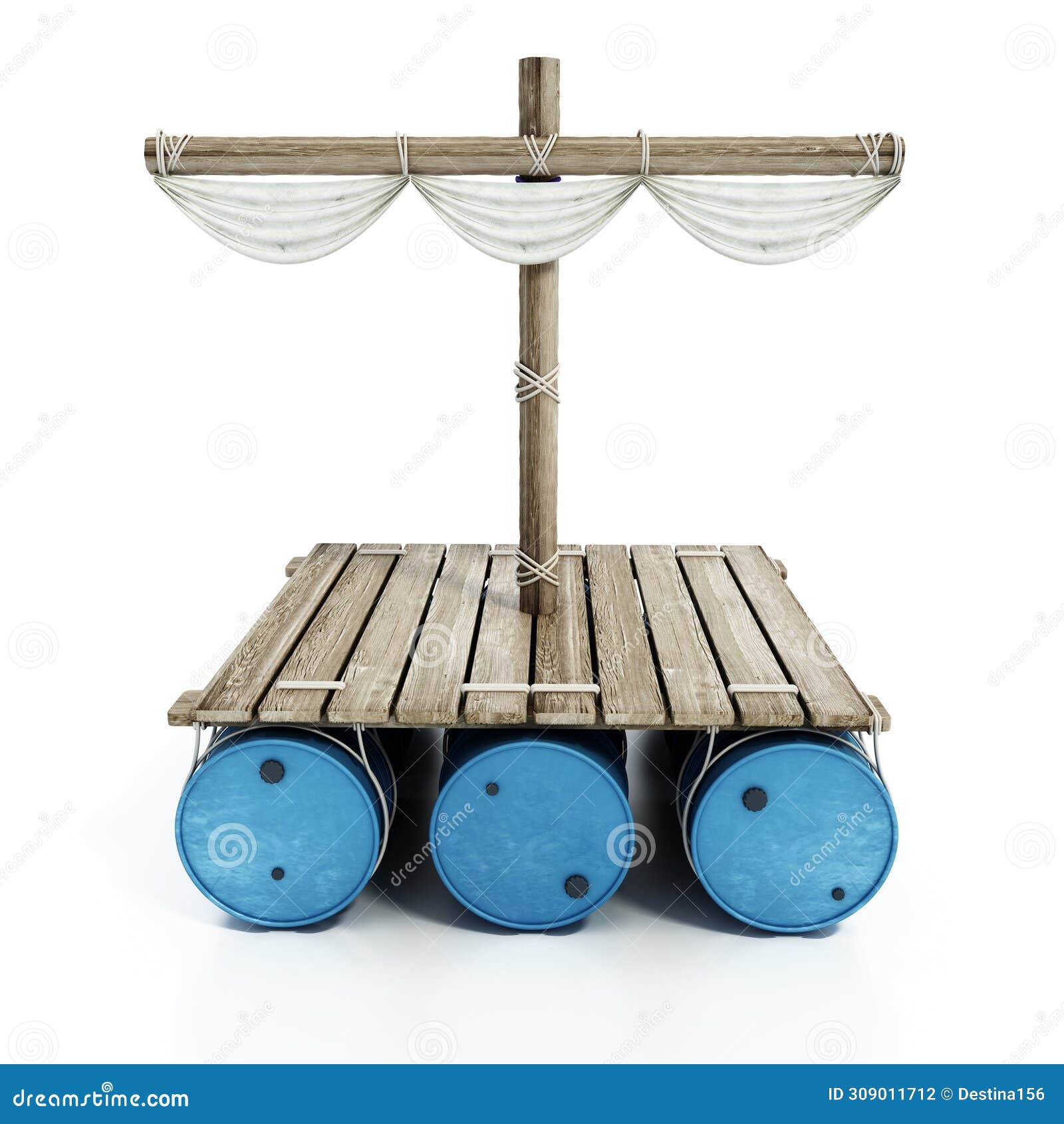 Wooden Raft with Floating Empty Barrels on the Lower Side Isolated on ...