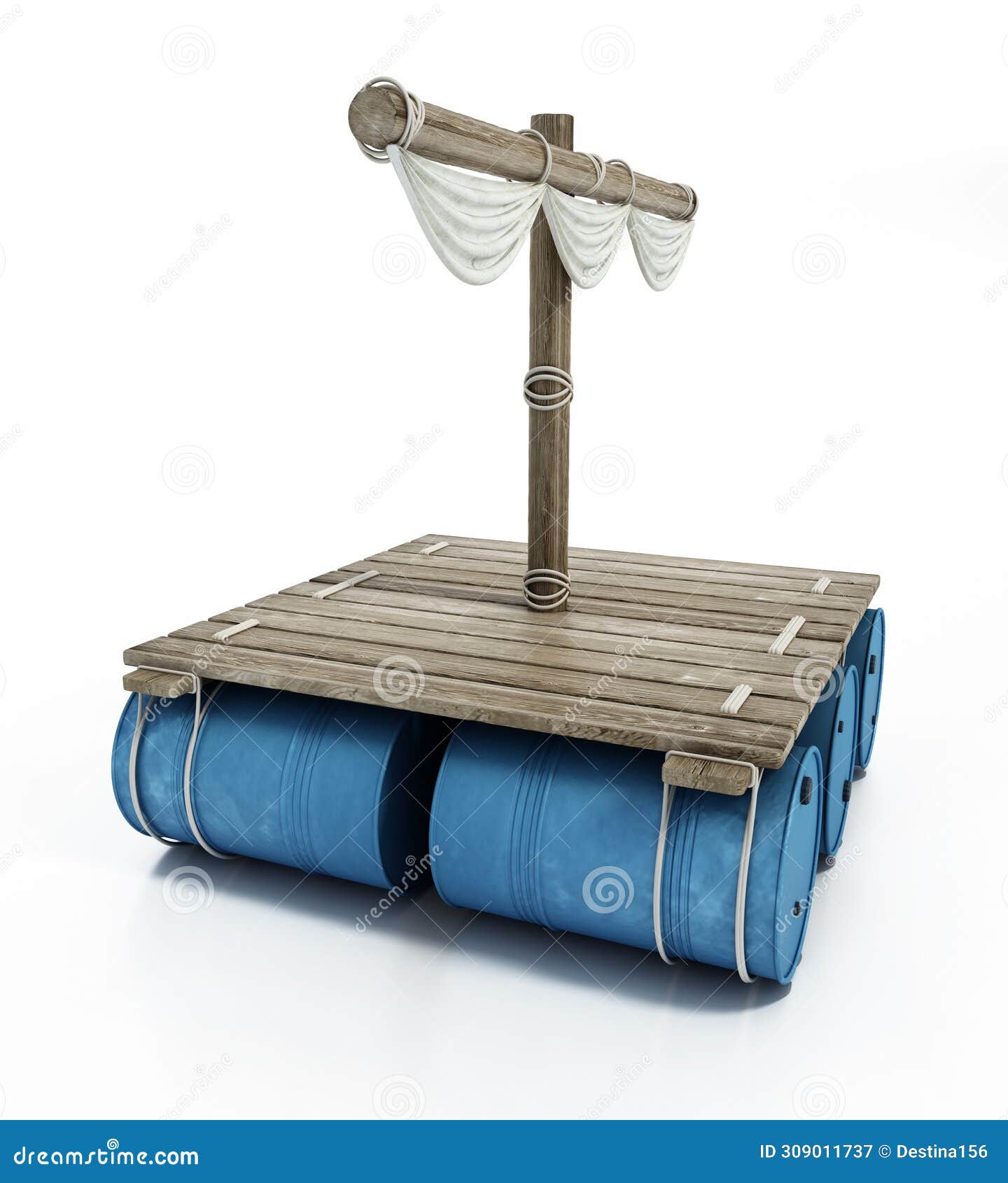 Wooden Raft with Floating Empty Barrels on the Lower Side Isolated on ...
