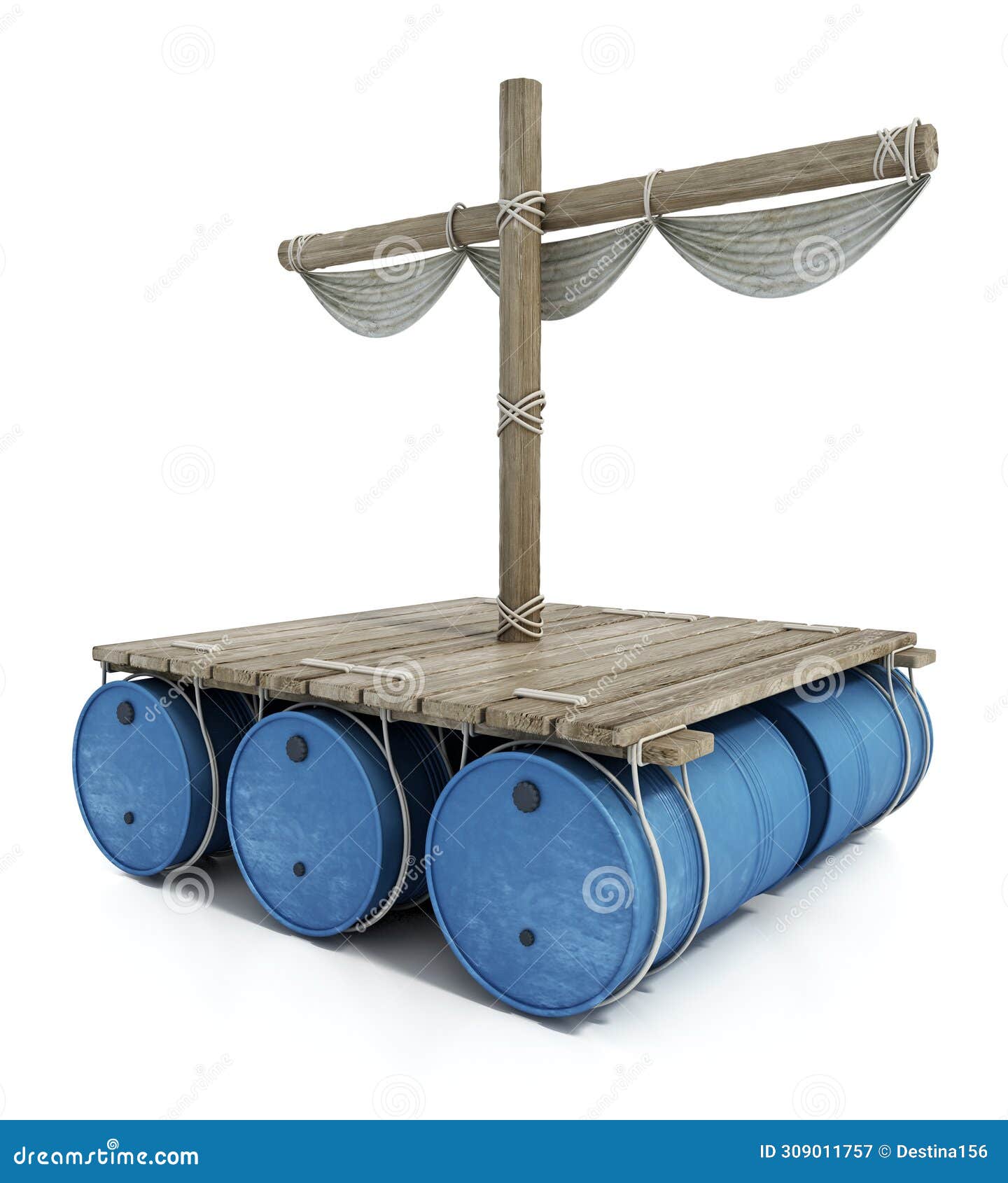 Wooden Raft with Floating Empty Barrels on the Lower Side Isolated on ...
