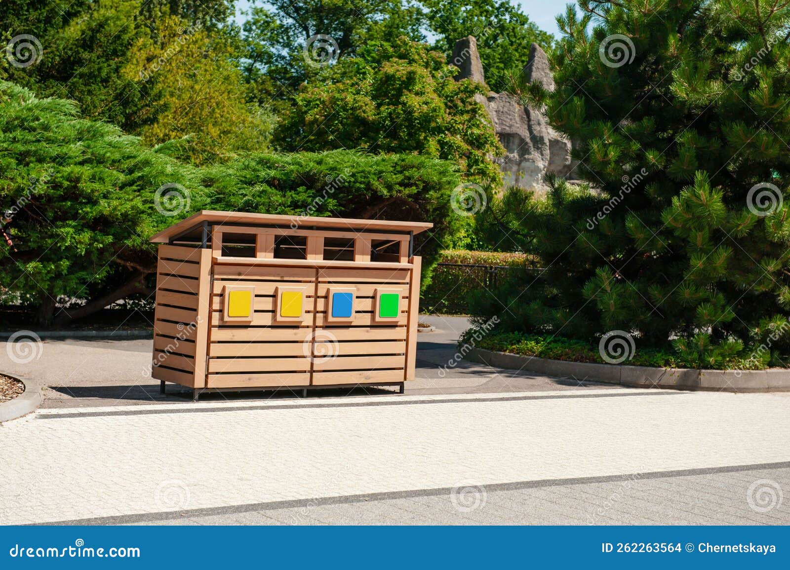 Wooden Recycling Bins for Waste Sorting Outdoors Stock Photo - Image of ...