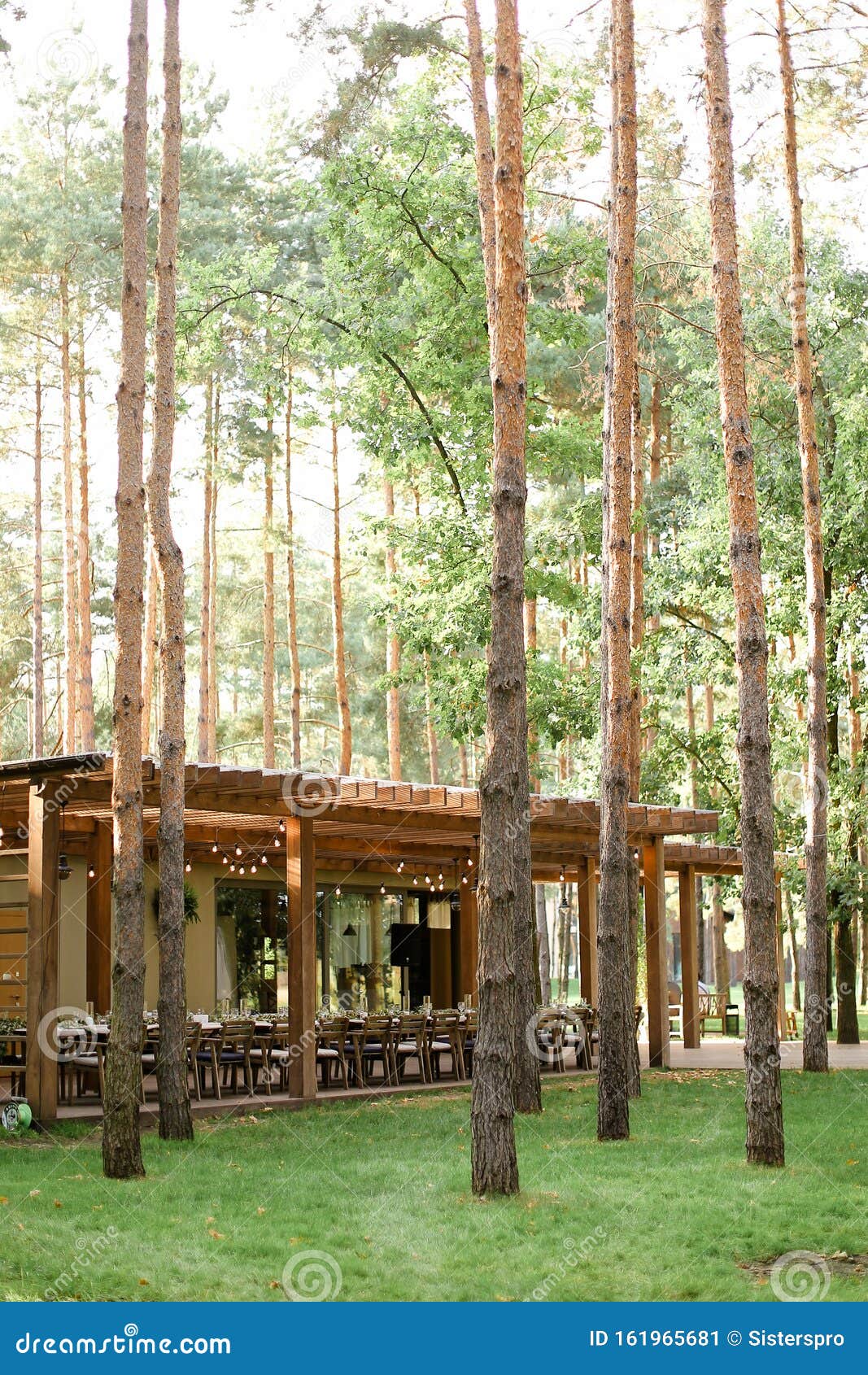 Wooden Restaurant in Forest. Stock Image - Image of high, lights: 161965681