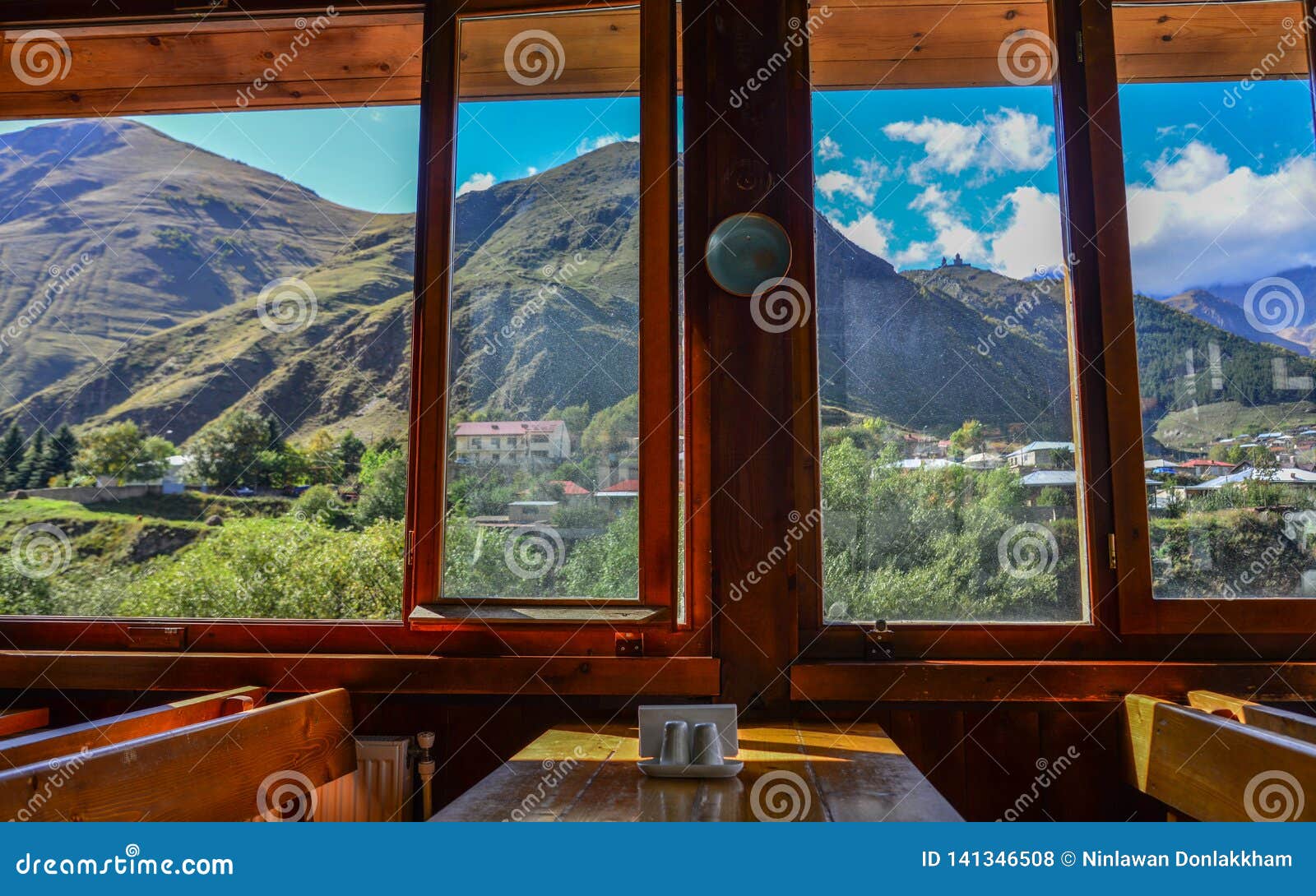 Wooden Restaurant Interior with Nature View Stock Photo - Image of ...