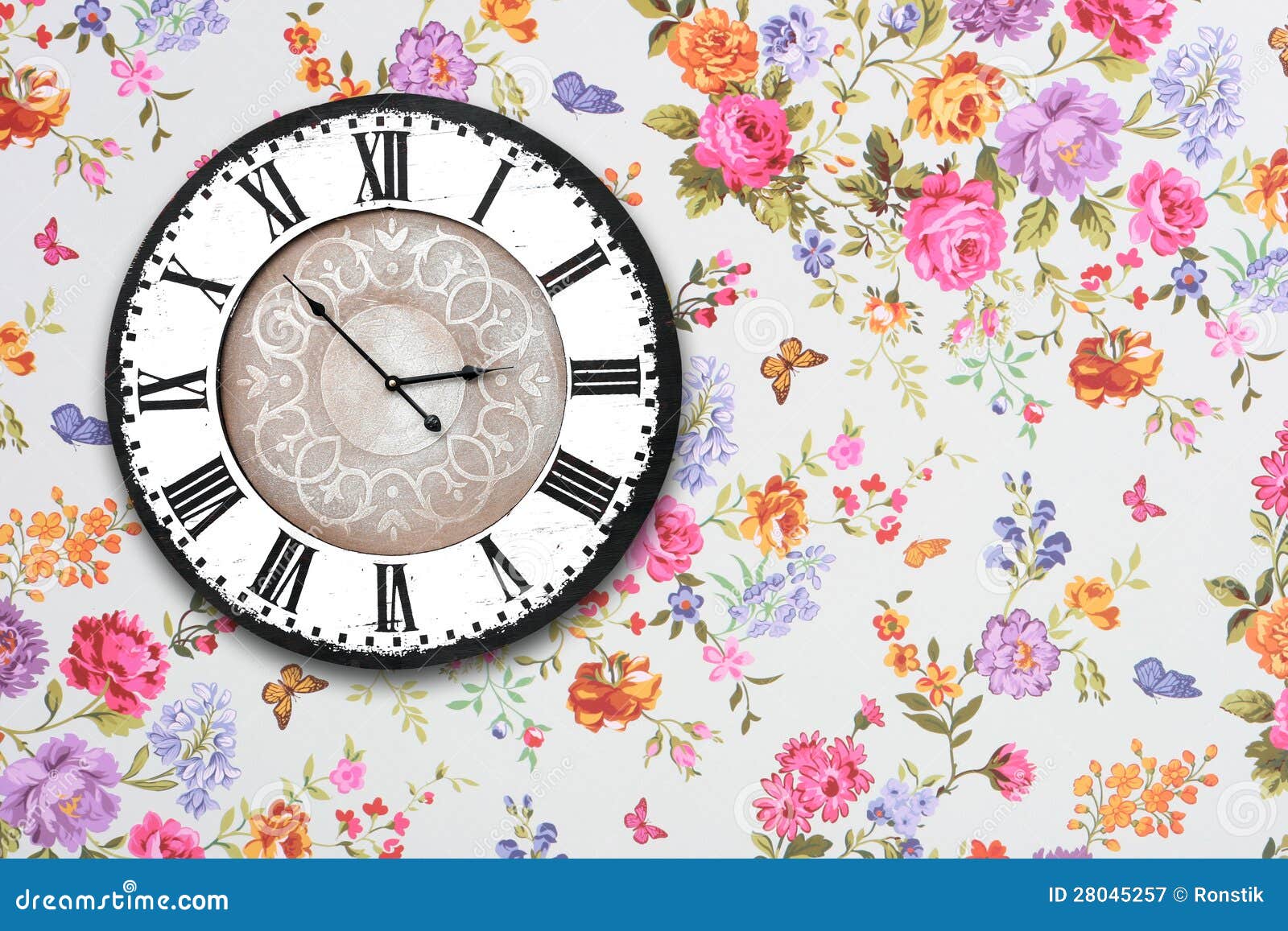 Wooden Retro Clock on Floral Wallpaper Stock Illustration ...