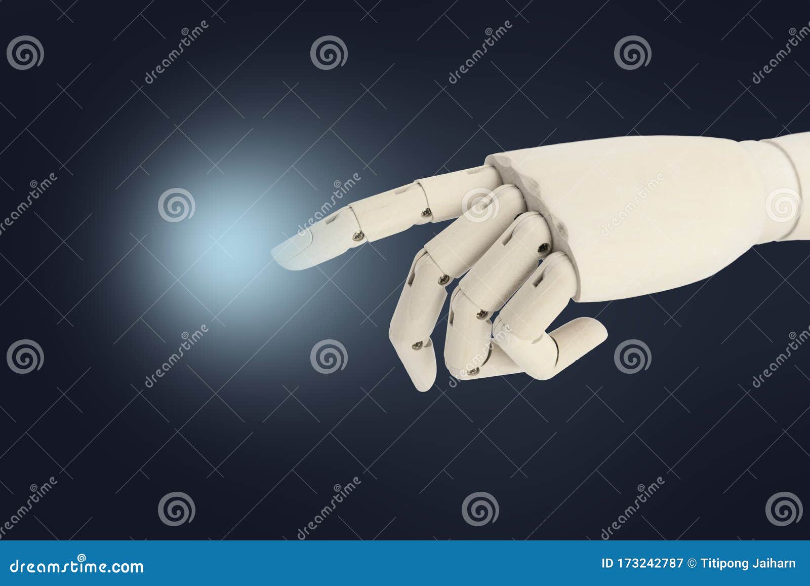 Wooden Robot Hand Point Finger on Dark Background Stock Image - Image ...