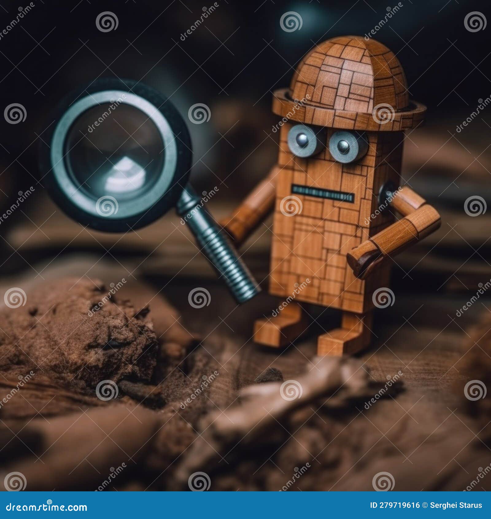 A Wooden Robot Holding a Magnifying Glass. Generative AI Image. Stock ...