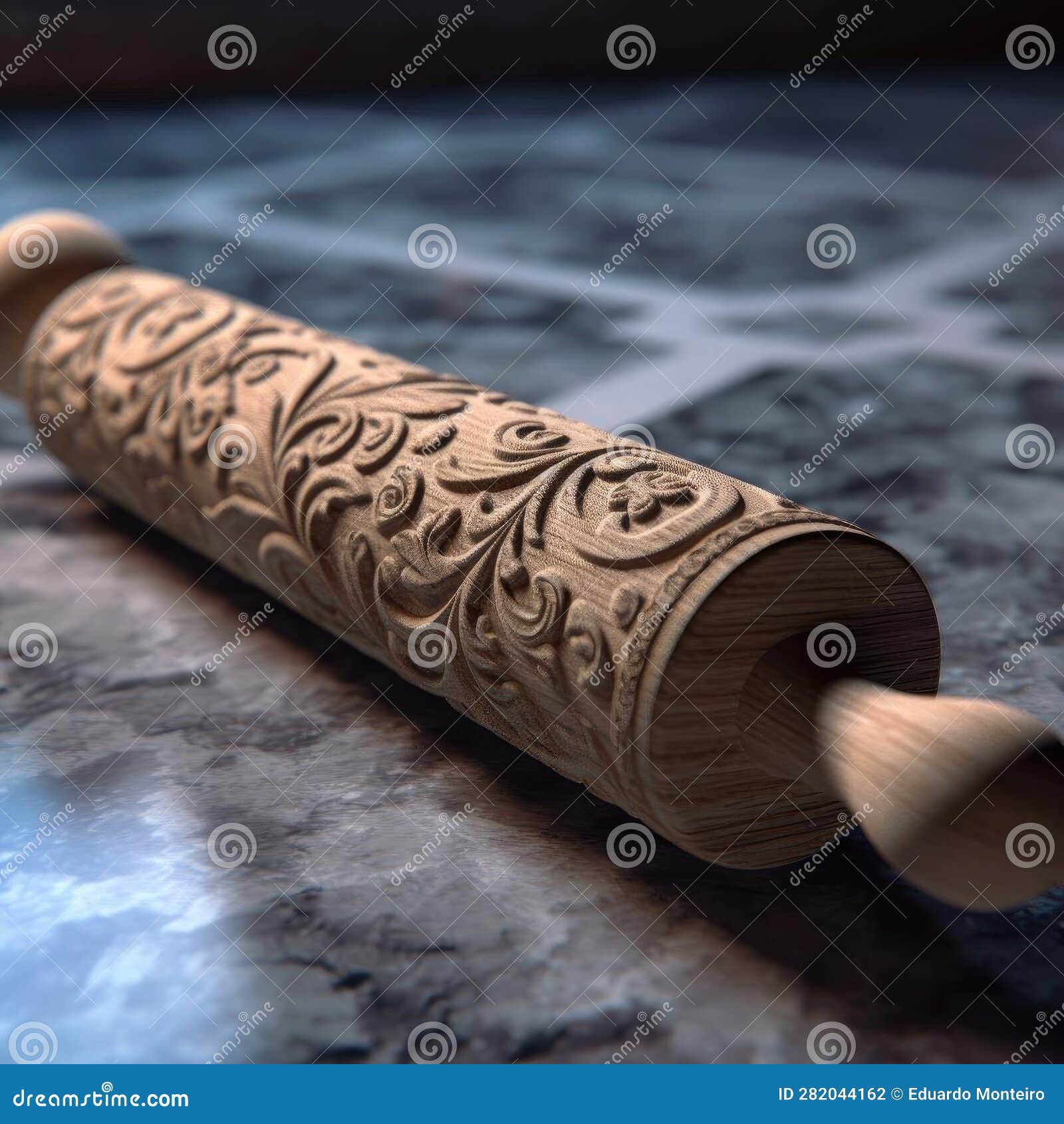 A Wooden Rolling Pin with Carved Patterns on it, Lying on a Marble ...