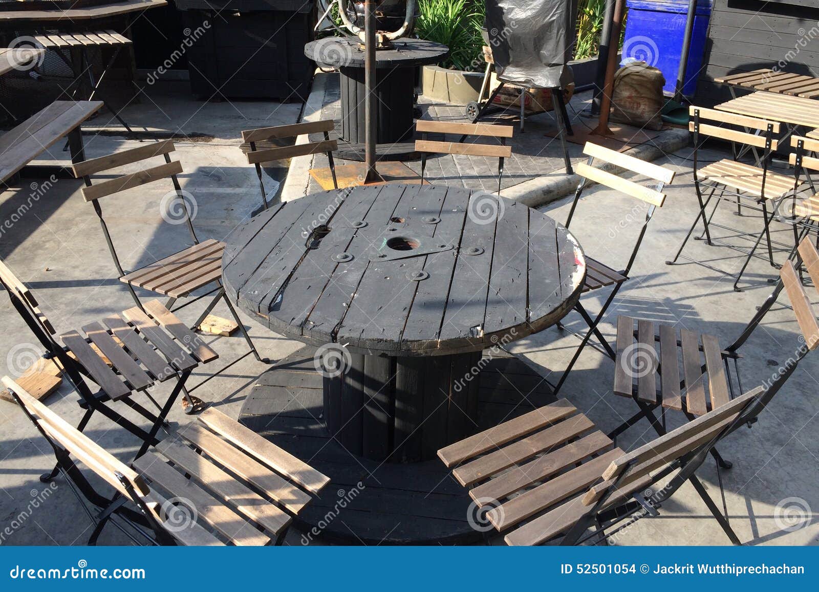 Wooden Round Table for Big Group Stock Photo - Image of abandon ...