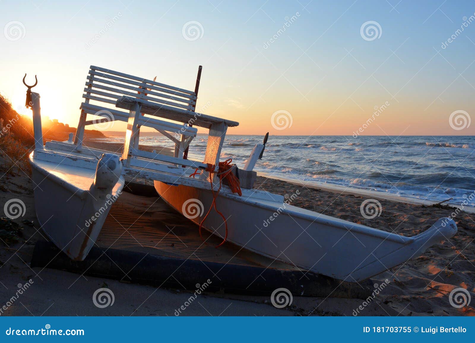 Wooden Rowboat on the Beach at Sunset Stock Image - Image of beach ...