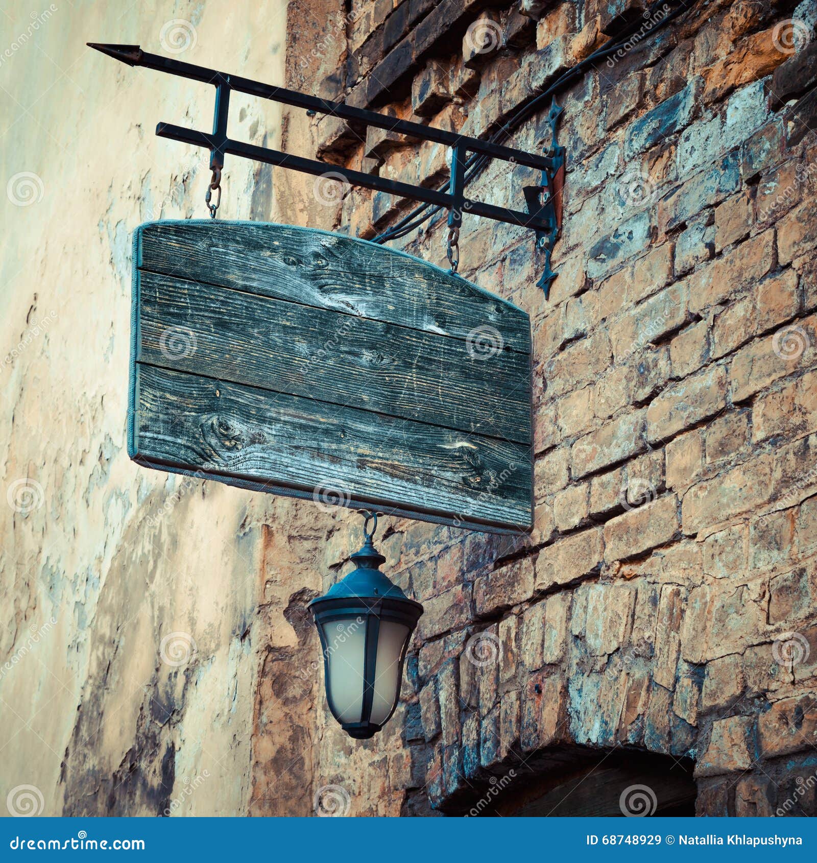 Wooden Rustic Signboard on Aged Medieval Wall Stock Image - Image of ...