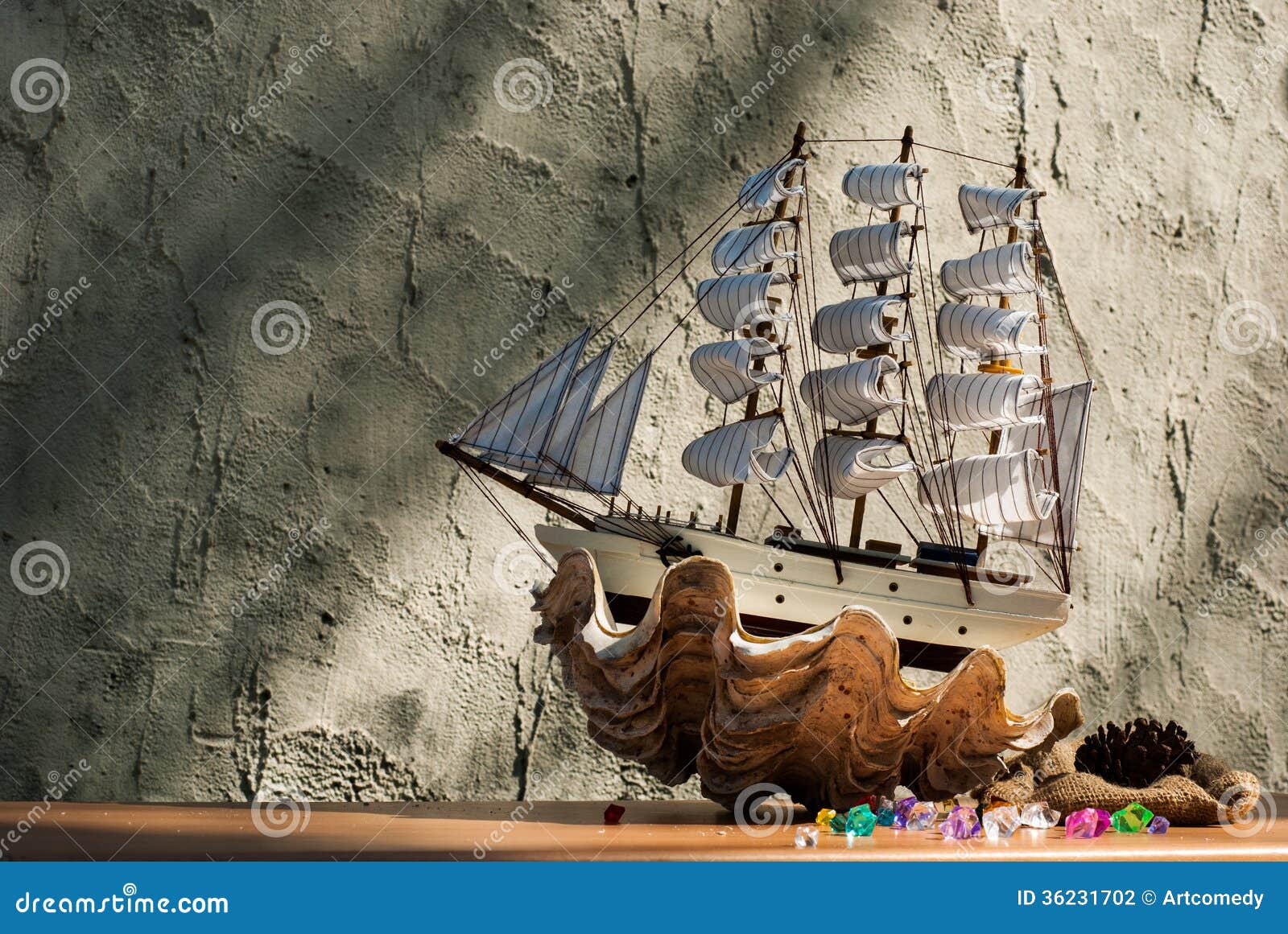 Wooden Sail Ship Toy Model with Shells Stock Photo - Image of ...