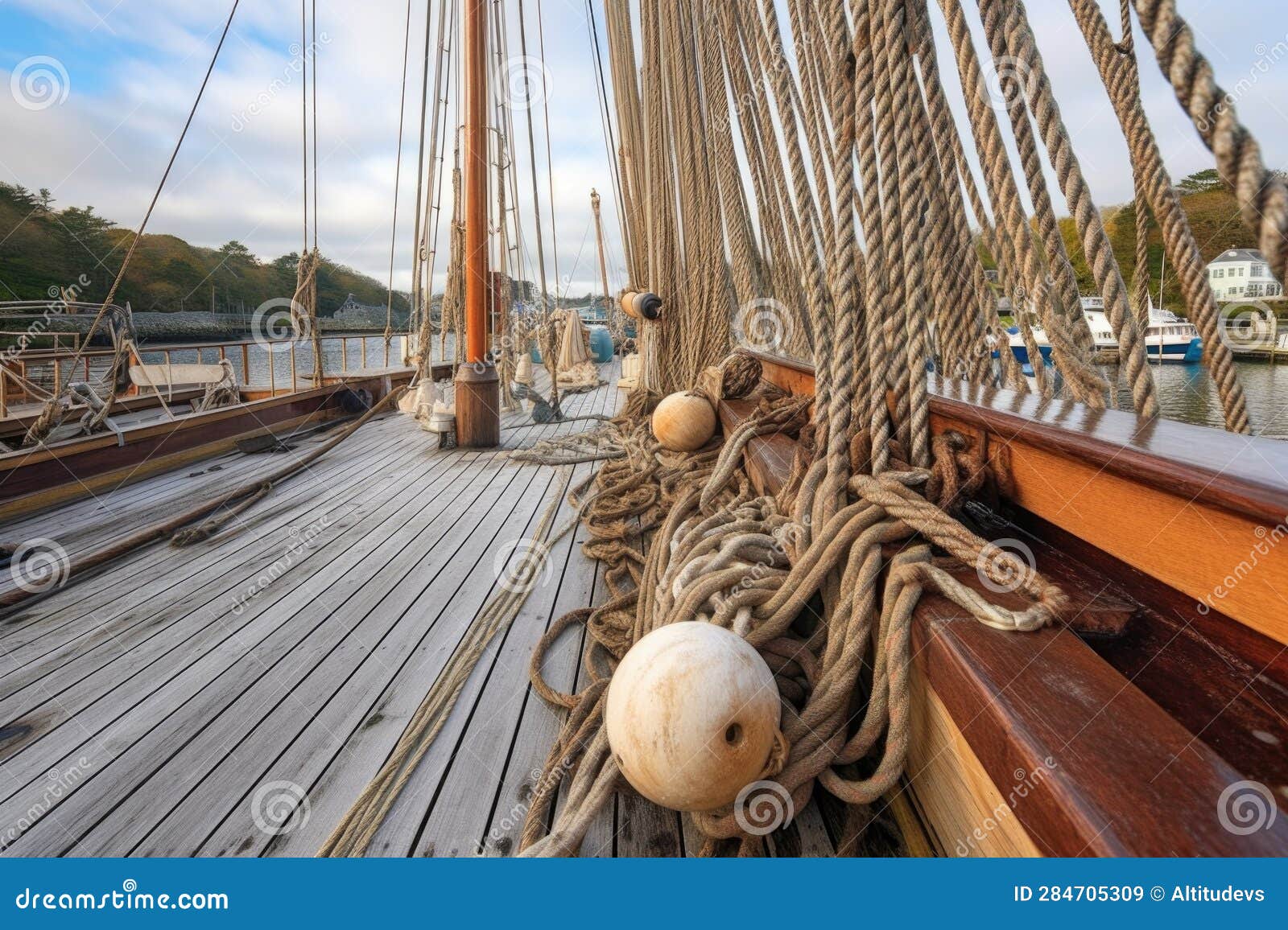 Wooden Sailboat Deck with Ropes, Pulleys, and Rigging Stock Image ...
