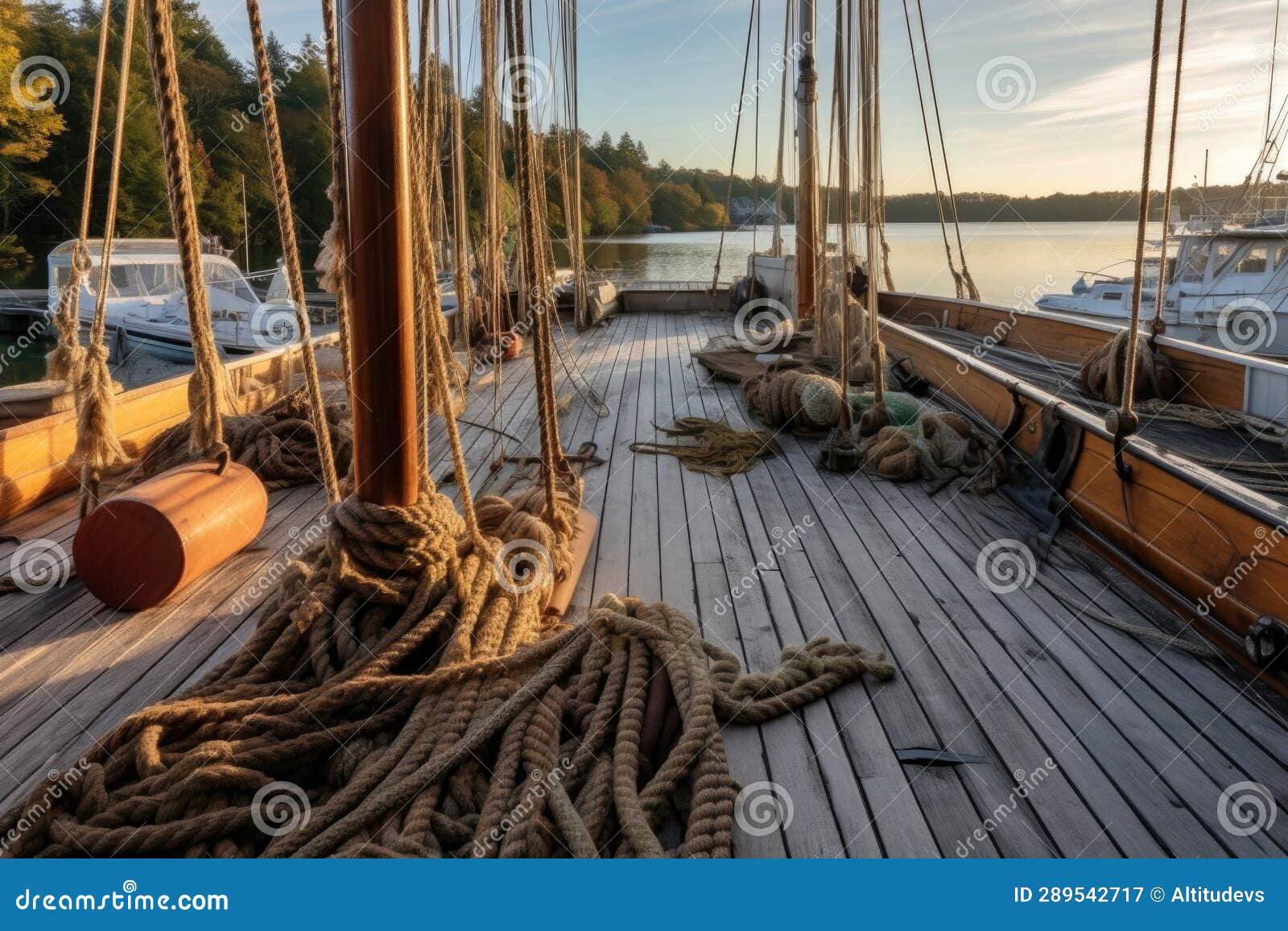 Wooden Sailboat Deck with Ropes, Pulleys, and Rigging Stock ...