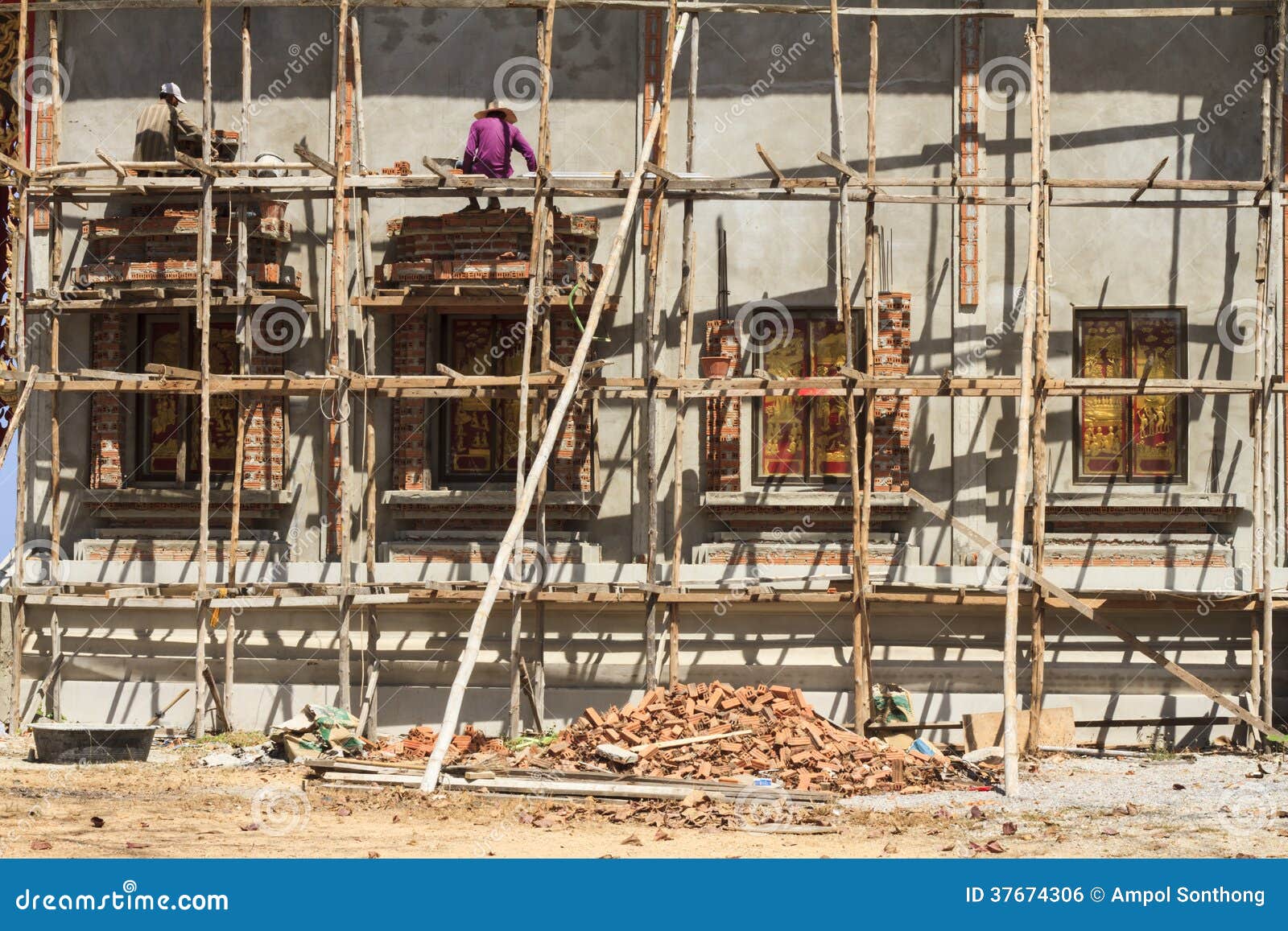 Wooden Scaffolding Three Floor Stock Photo - Image of rectangle, brick ...