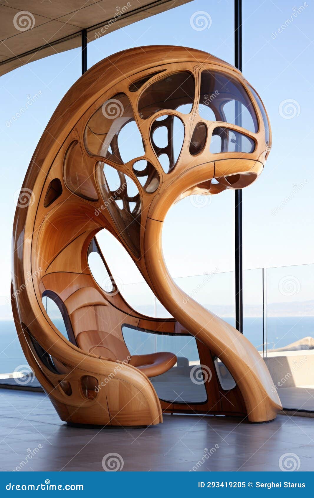 A Wooden Sculpture Sitting in Front of a Large Window. AI. Stock ...